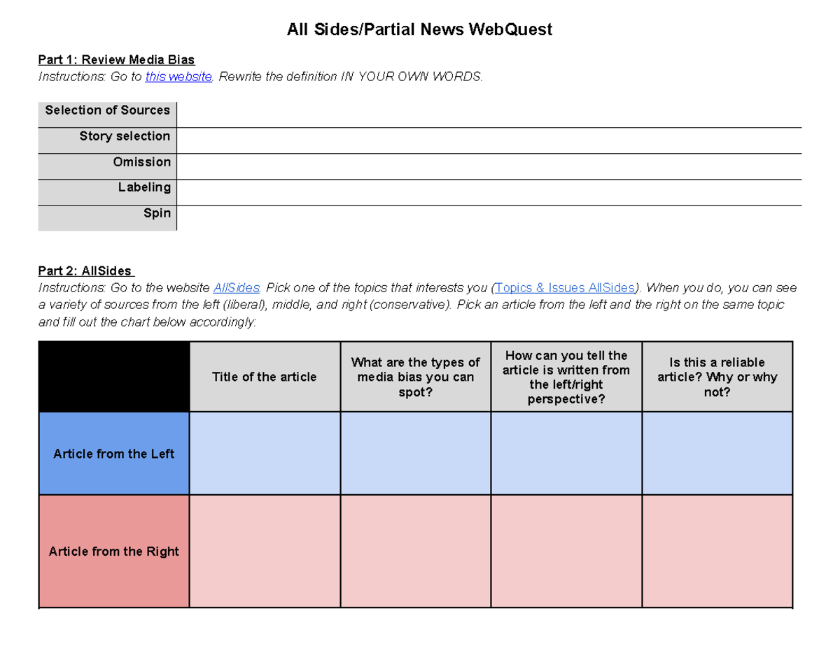 All Sides Partial News Web Quest - All Sides/Partial News WebQuest Part ...