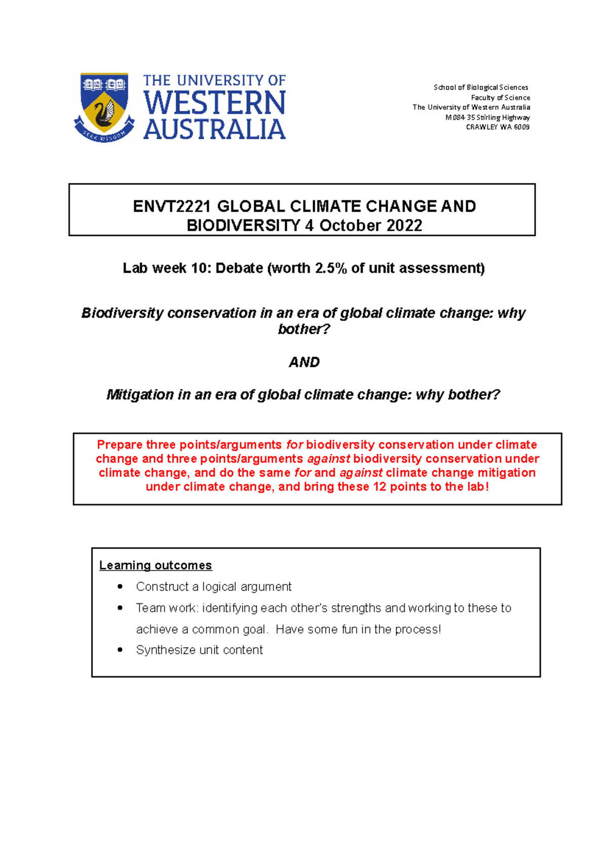 Debate Lab 2022 student info - ENVT2221 GLOBAL CLIMATE CHANGE AND ...