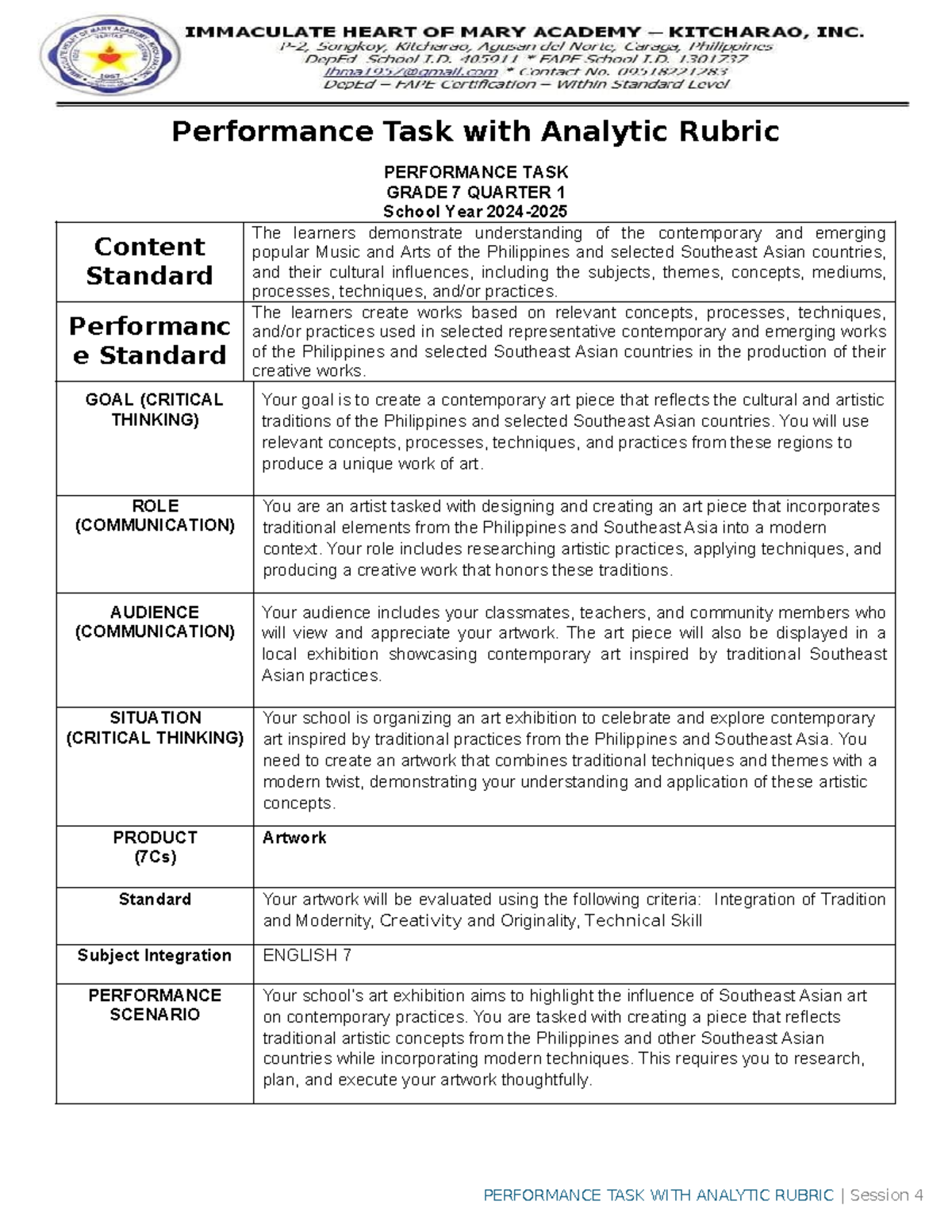 Music AND ARTS 7 Q1 Performance Task with Analytic Rubric - PERFORMANCE ...