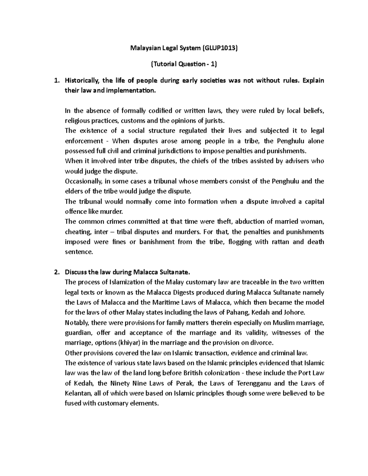 Tuto 1 2 - Tutorial work - Malaysian Legal System (GLUP1013) (Tutorial ...