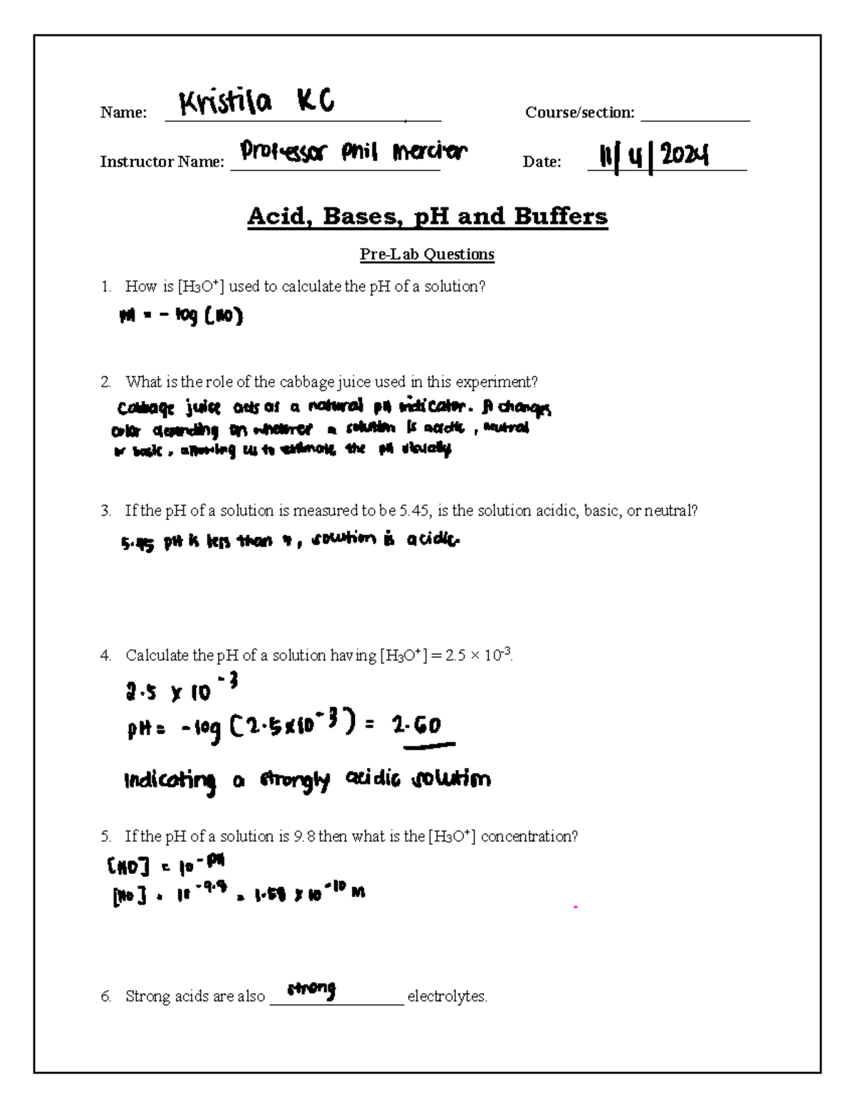 Acids Bases p H and Buffer Data Sheets - Name ...