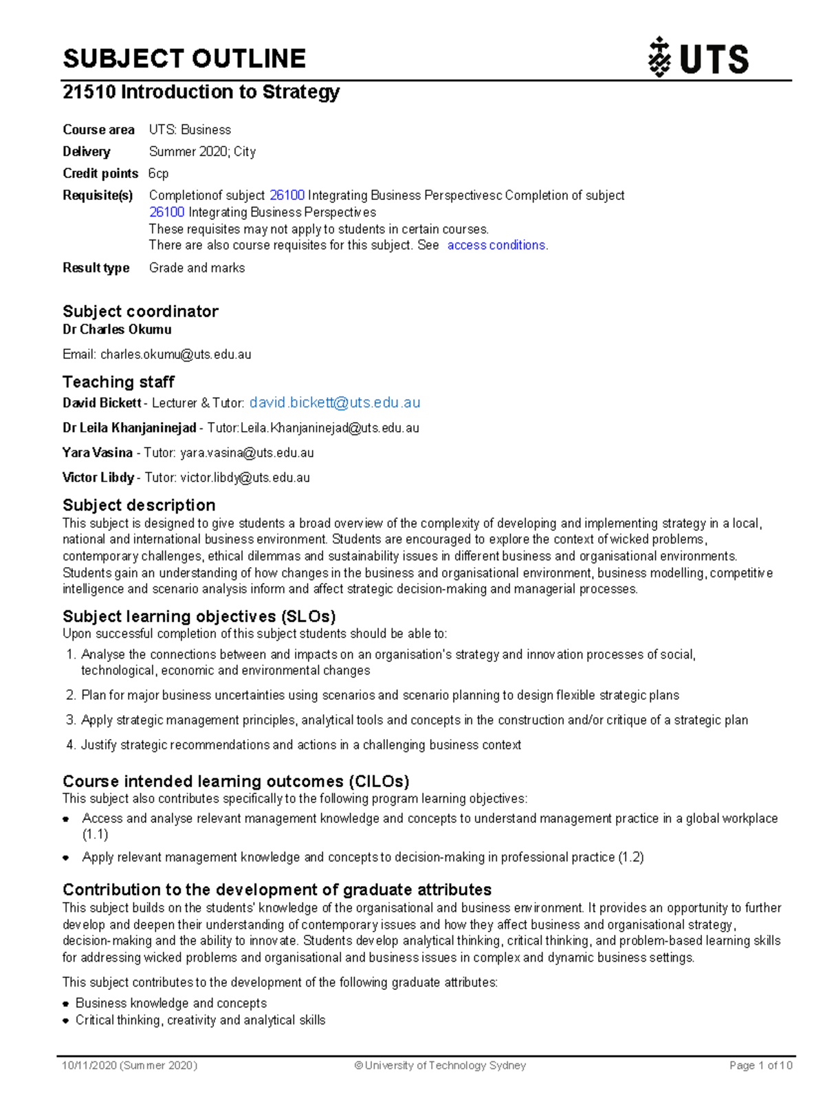 Introduction to strategy Subject outline - SUBJECT OUTLINE 21510 ...