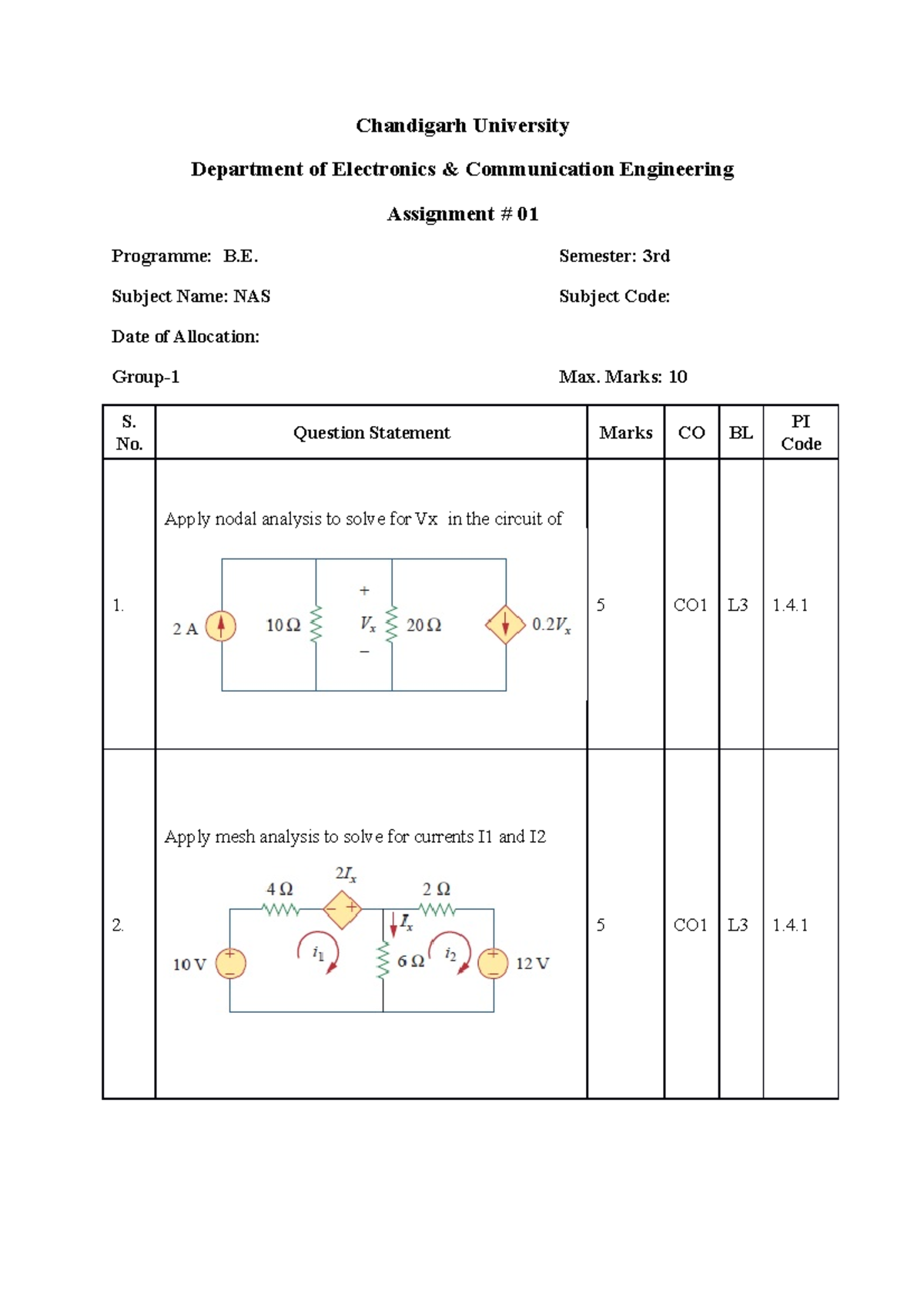 Assignment 1 - Chandigarh University Department of Electronics ...