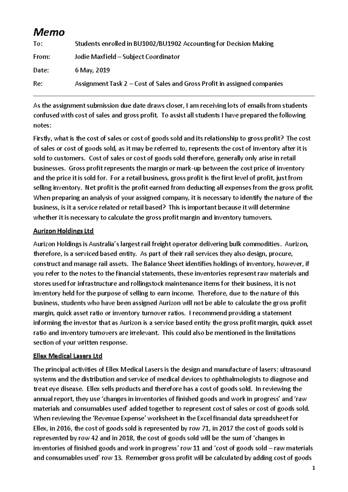 Memo-Assignment 2019 - 1 Memo To: Students enrolled in BU1002/BU1902 ...