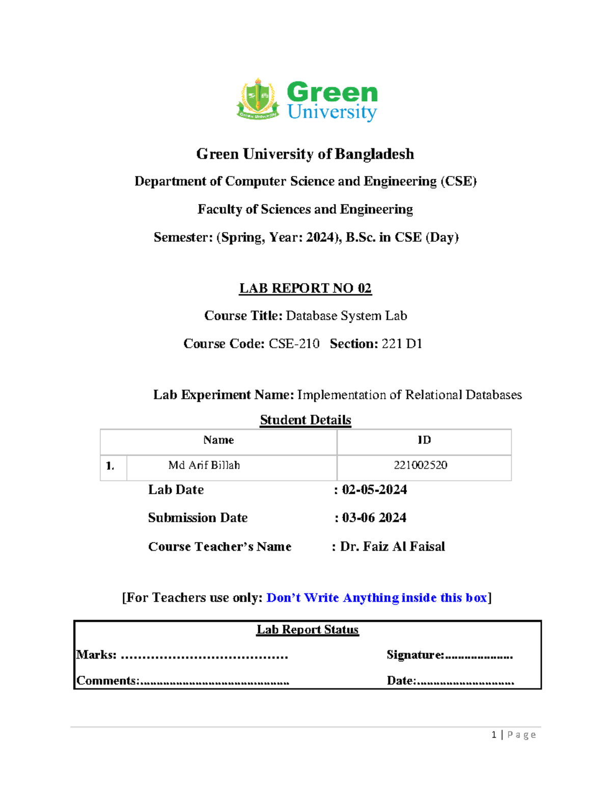 DB Lab Report-05 - DB Lab Report-05 - Green University of Bangladesh ...