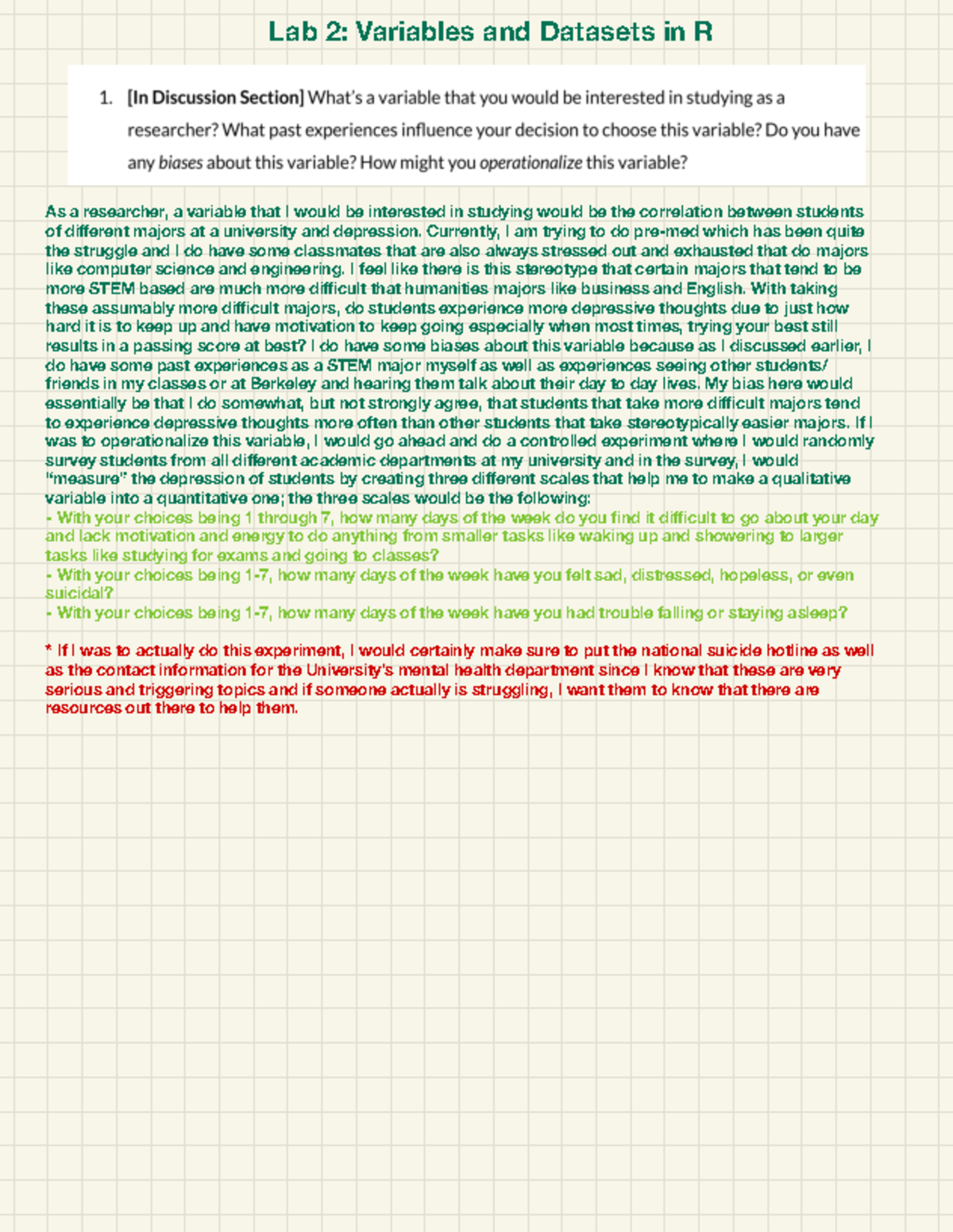 Psych 101 Lab 2 - Lab Assignment - Lab 2: Variables and Datasets in R ...