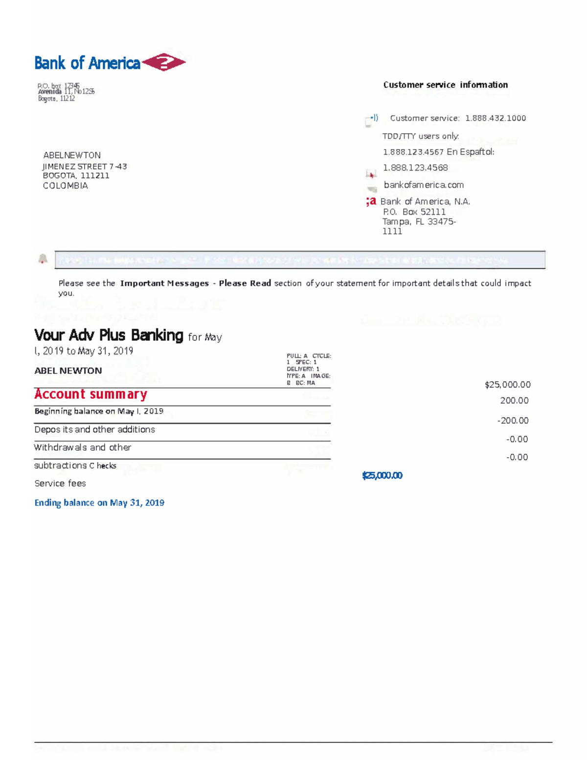 Example bank statement - Bank of America P. O. box 12345 Avenida 11 ...