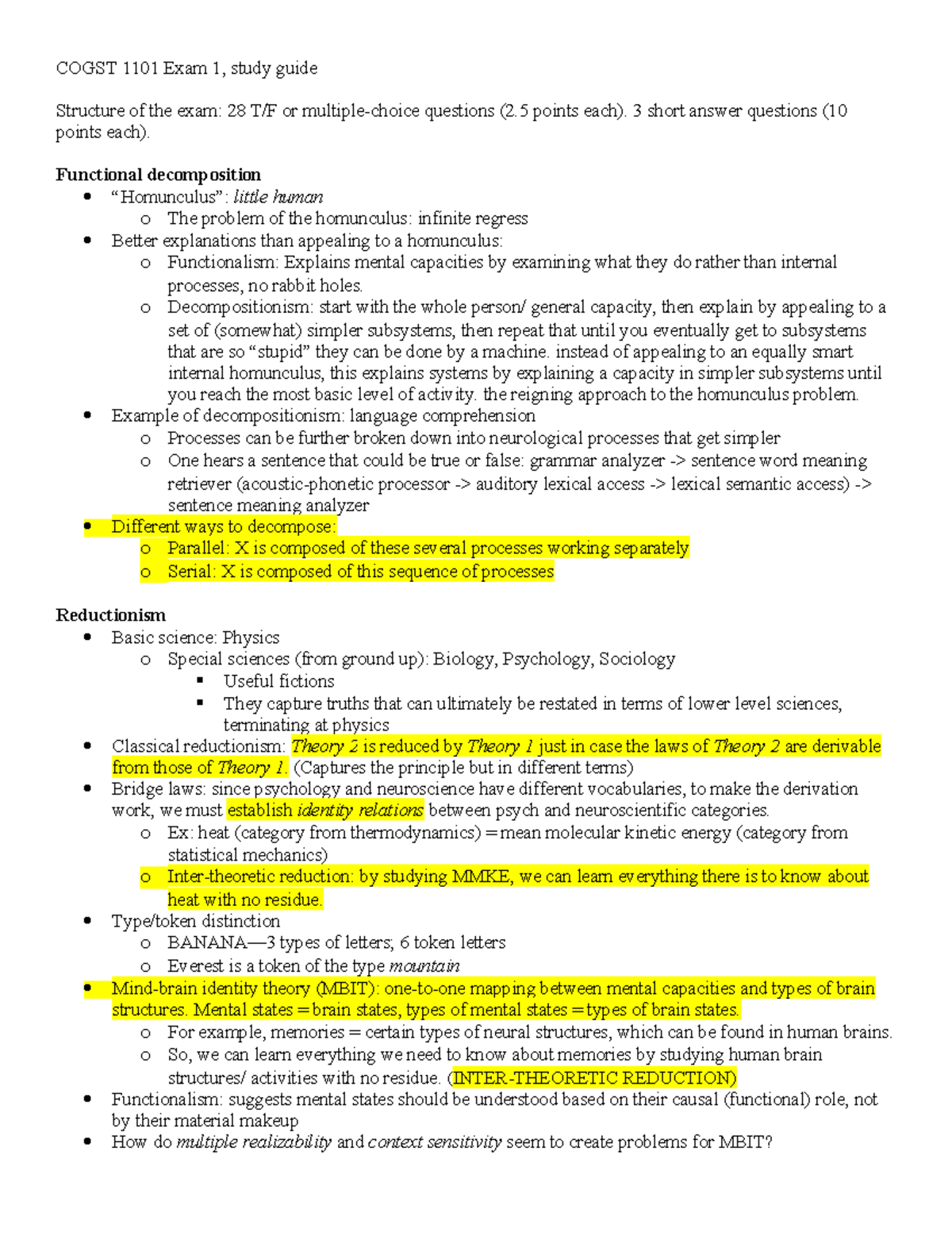 Simplified study guide - COGST 1101 Exam 1, study guide Structure of the exam: 28 T/F or - Studocu