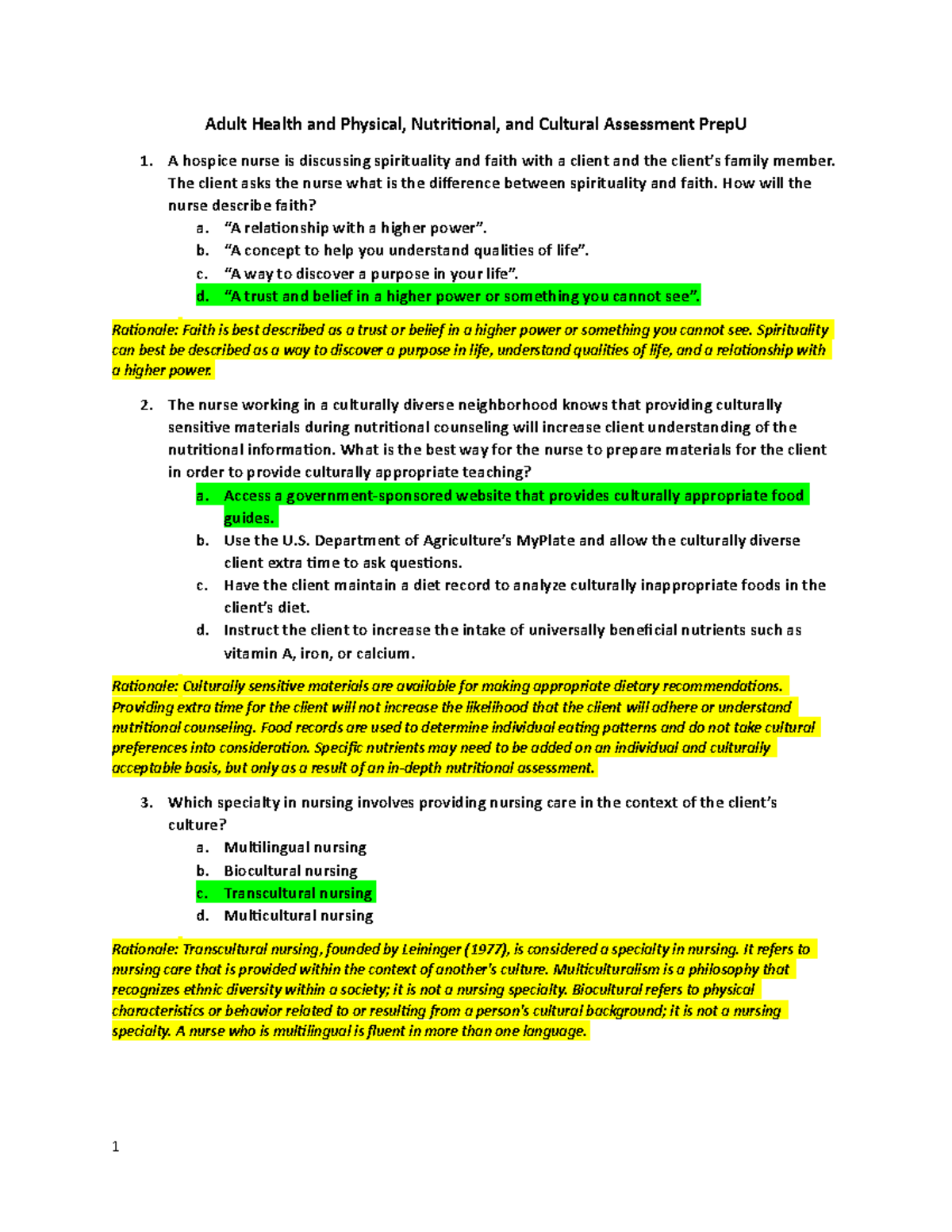 Adult Health and Physical, Nutritional, and Cultural Assessment Prep U ...