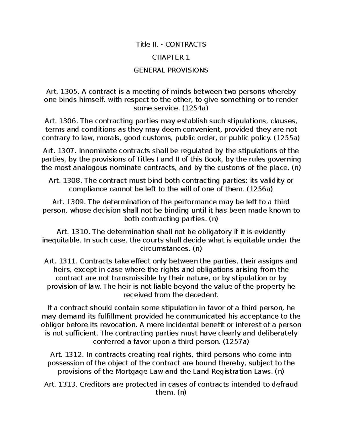 Title II Oblicon - OBLIGATION AND CONTRACT - Title II. - CONTRACTS CHAPTER 1 GENERAL PROVISIONS ...