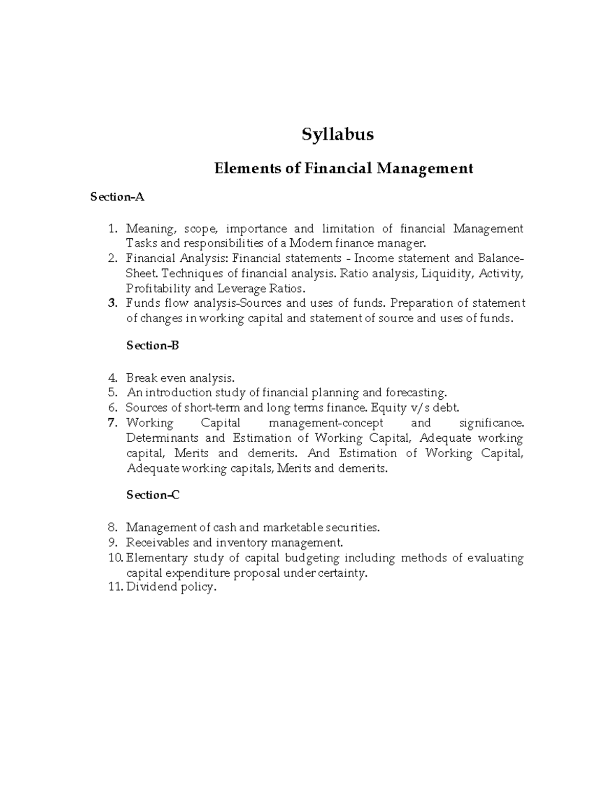 Financial Management Question and Answer - Syllabus Elements of ...
