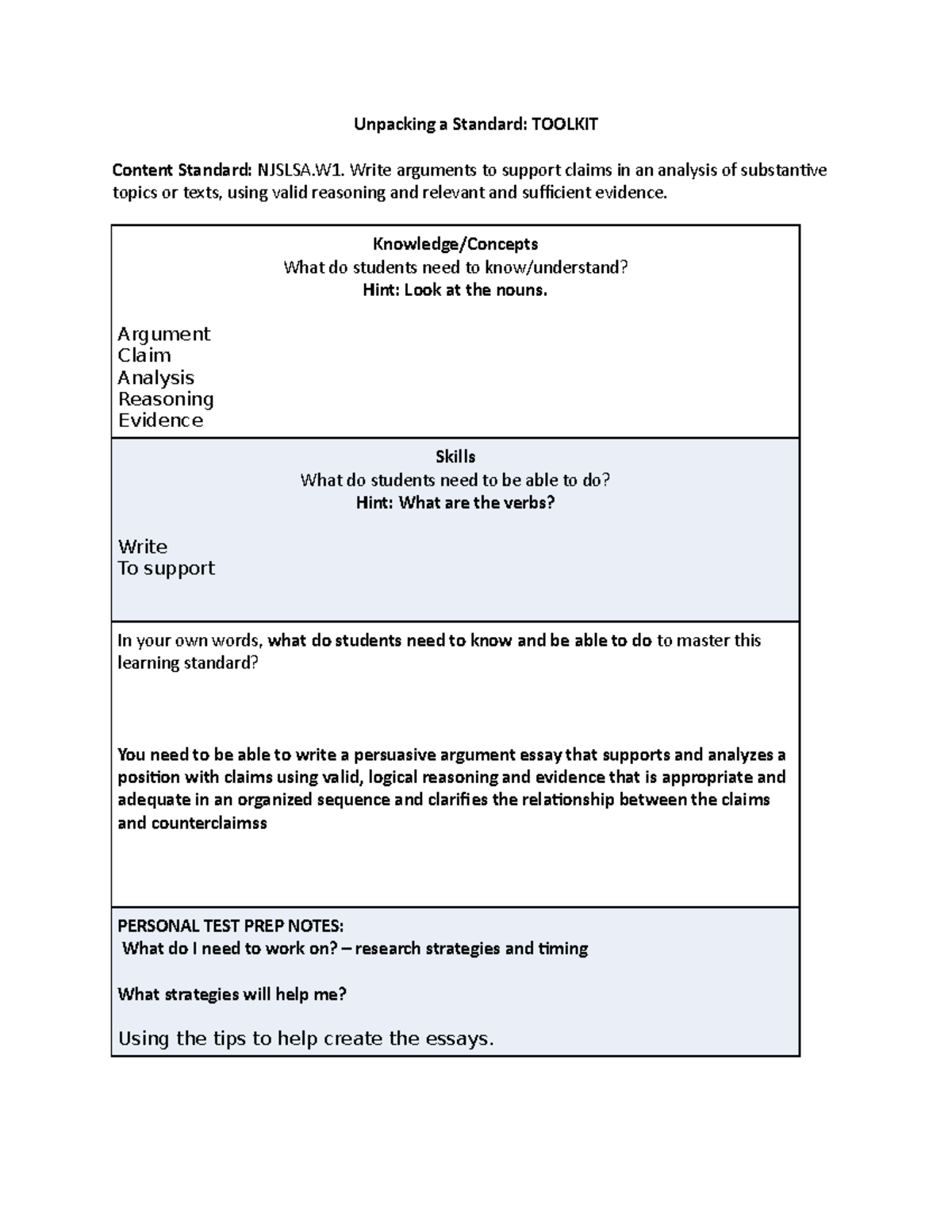 Toolkit H - Unpacking a Standard: TOOLKIT Content Standard: NJSLSA ...