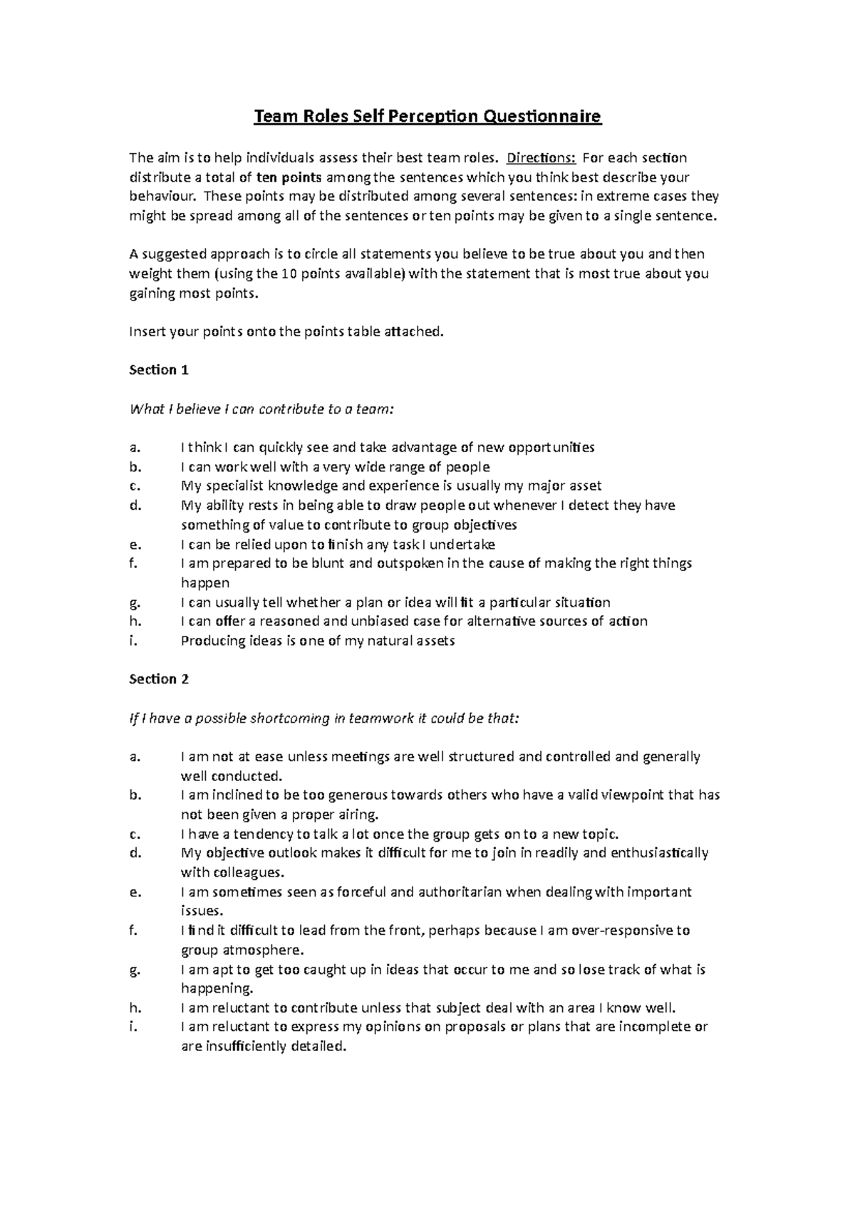 Belbin Self Perception Questionnaire - Team Roles Self Perception ...