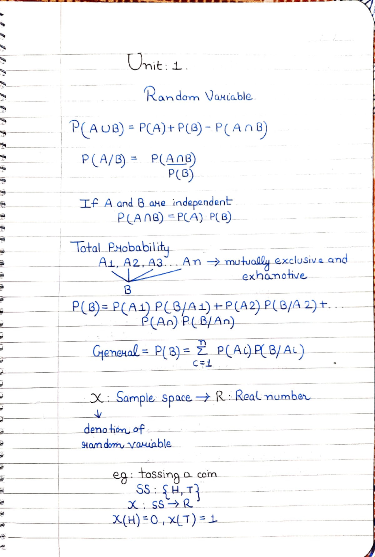 Maths UNIT=1 - notes - Unit: 1. Random Variable. P(AUB) P(A) P(B) P(AnB ...