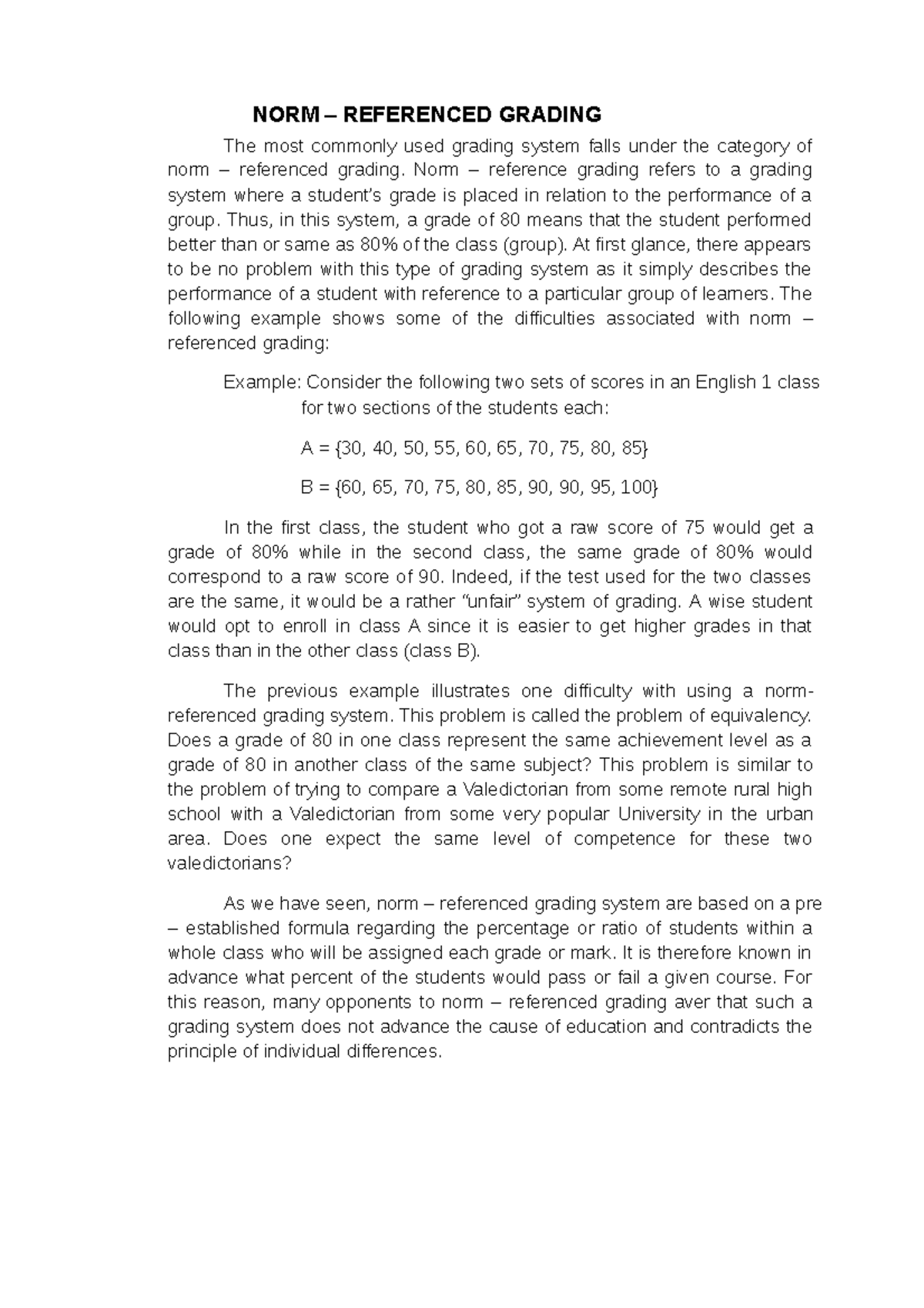 NORM – Referenced Grading - NORM – REFERENCED GRADING The most commonly ...