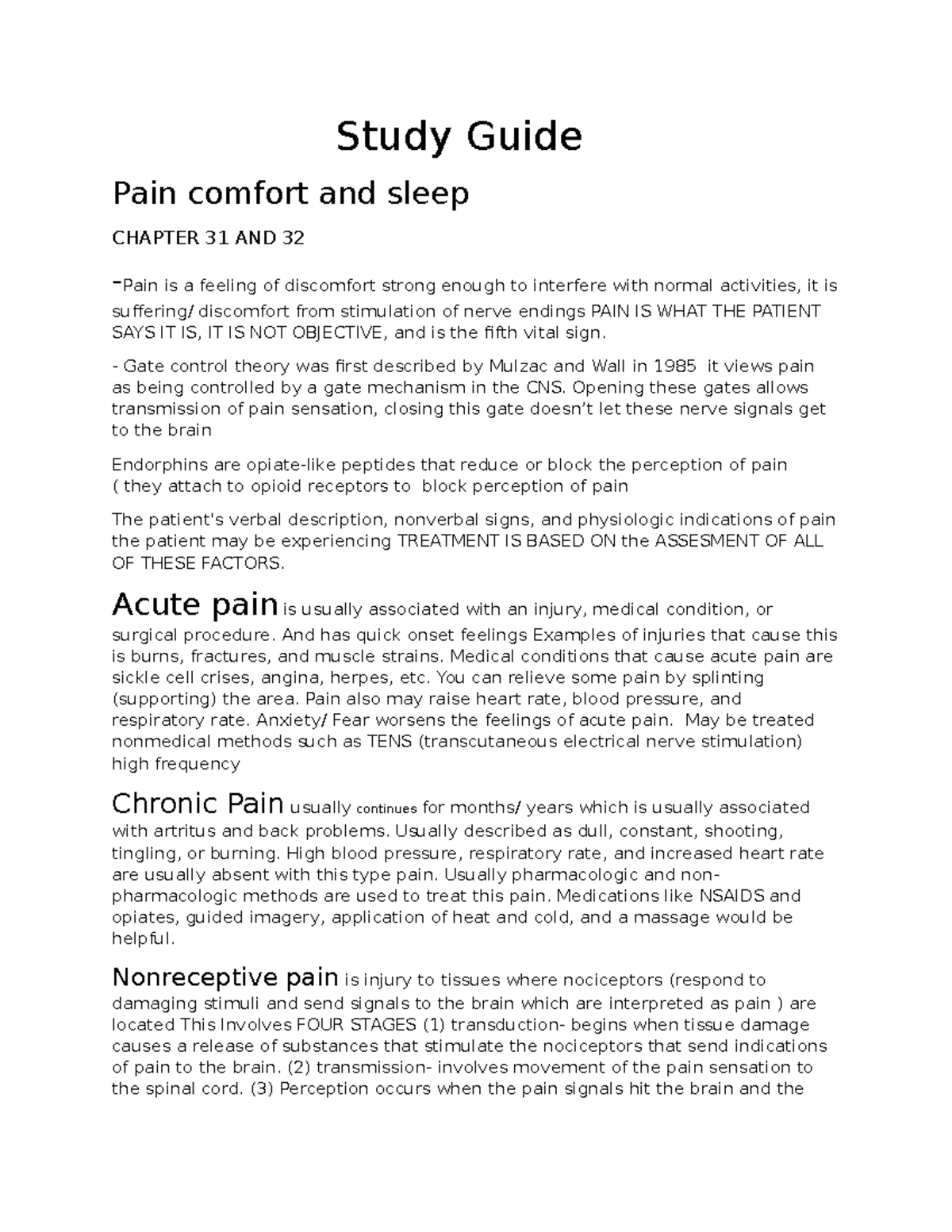 Ch 31 pain, comfort, sleep - Study Guide Pain comfort and sleep CHAPTER ...