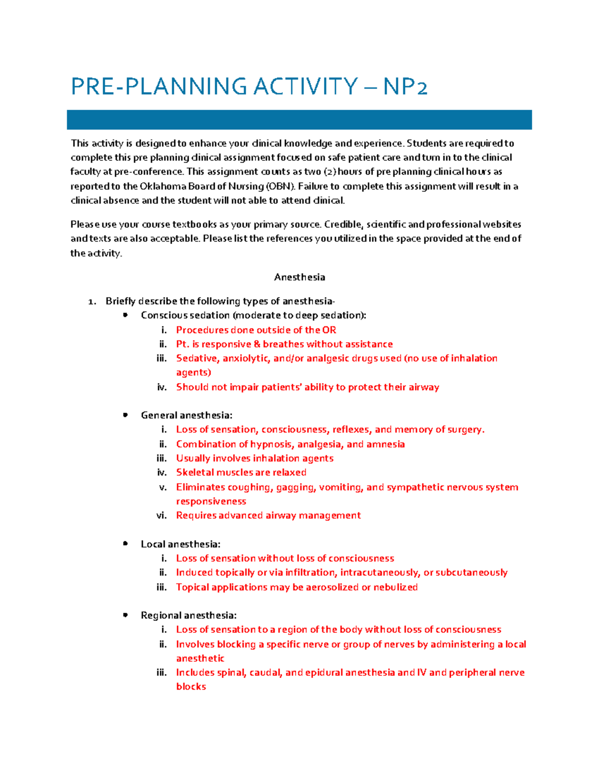 Pre Plan NP2 Anesthesia - PRE-PLANNING ACTIVITY – NP This activity is ...