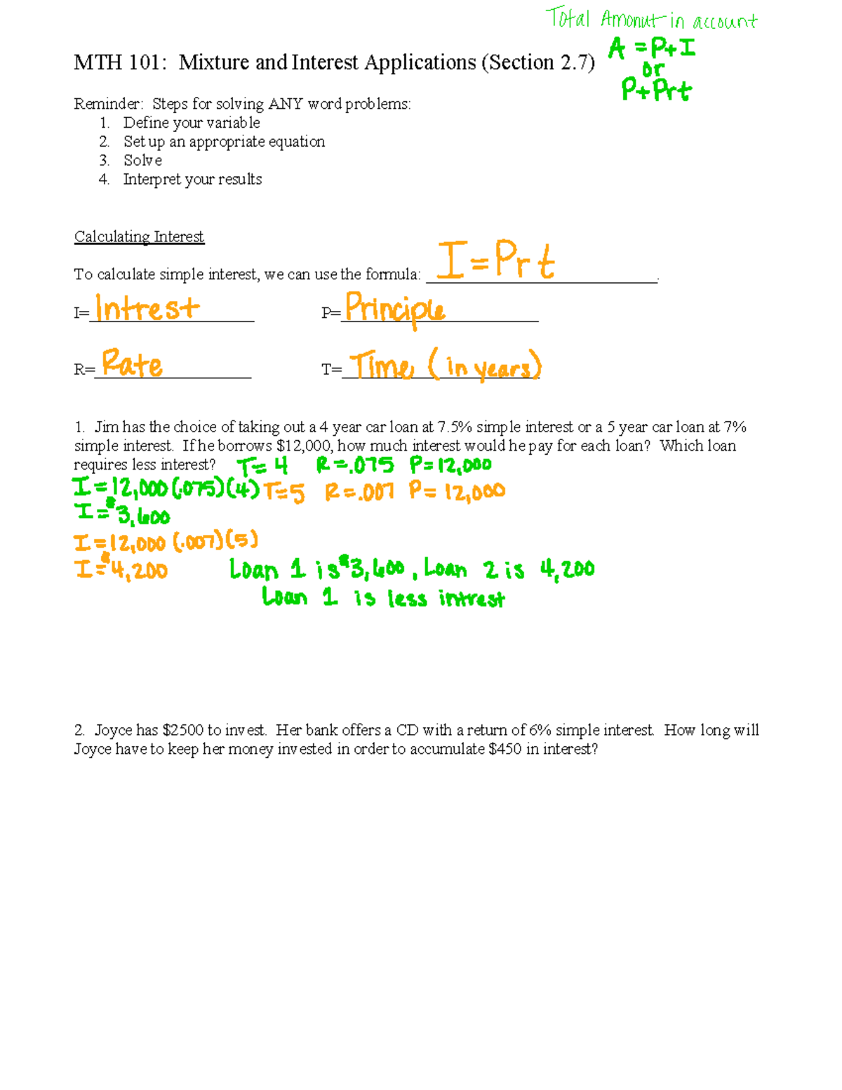 Mixture and Interest Applications - Define your variable 2. Set up an ...