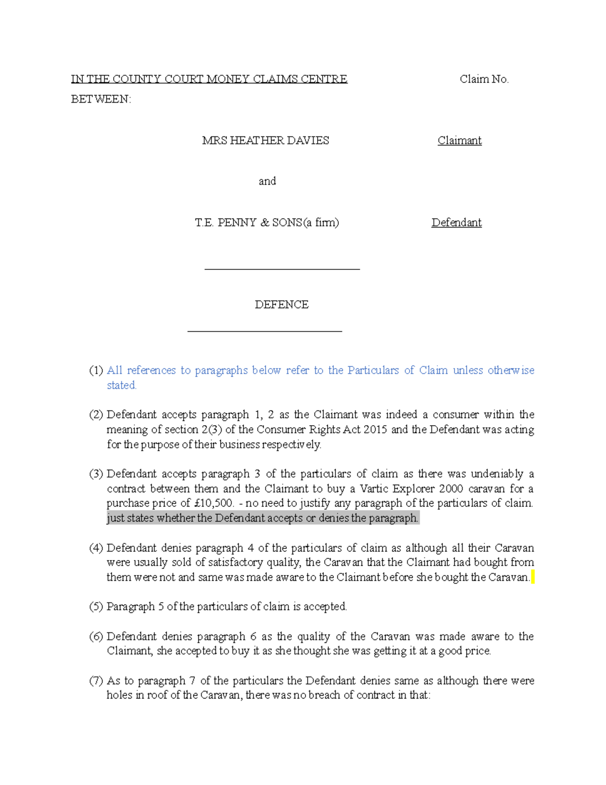 Workshop 7- Civil Skills (Defence-Davies) - IN THE COUNTY COURT MONEY ...