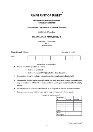 MAN2107 MA2 Exam PAST Paper 2 Answers - © UNIVERSITY OF SURREY Faculty ...