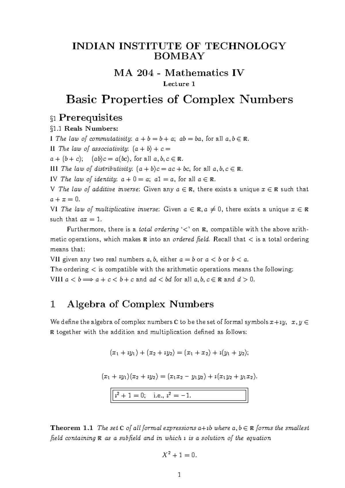 Complex numbers properties - INDIAN INSTITUTE OF TECHNOLOGY BOMBAY MA 204 - Mathematics IV ...