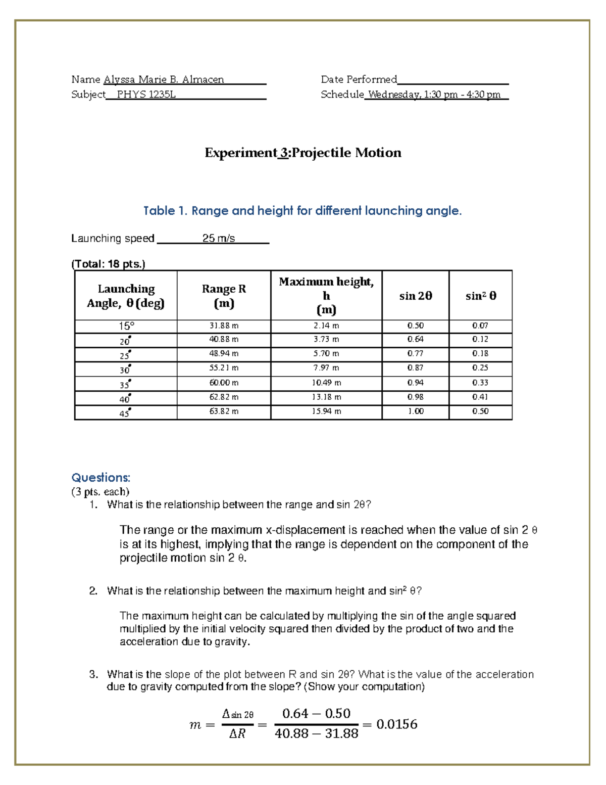 Almacen Experiment 3. Worksheet - Name Alyssa Marie B. Almacen Subject ...