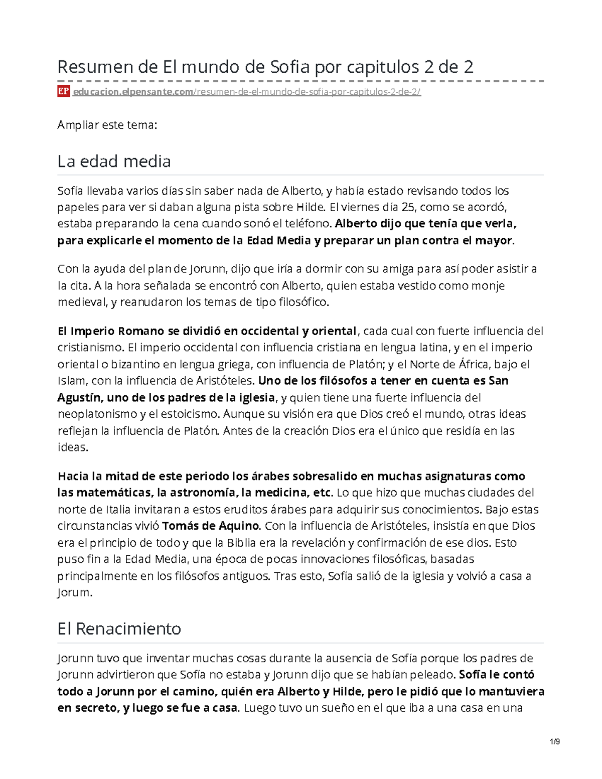 Resum 2a part El món de Sofia - Resumen de El mundo de Sofia por capitulos 2 de 2 - Studocu