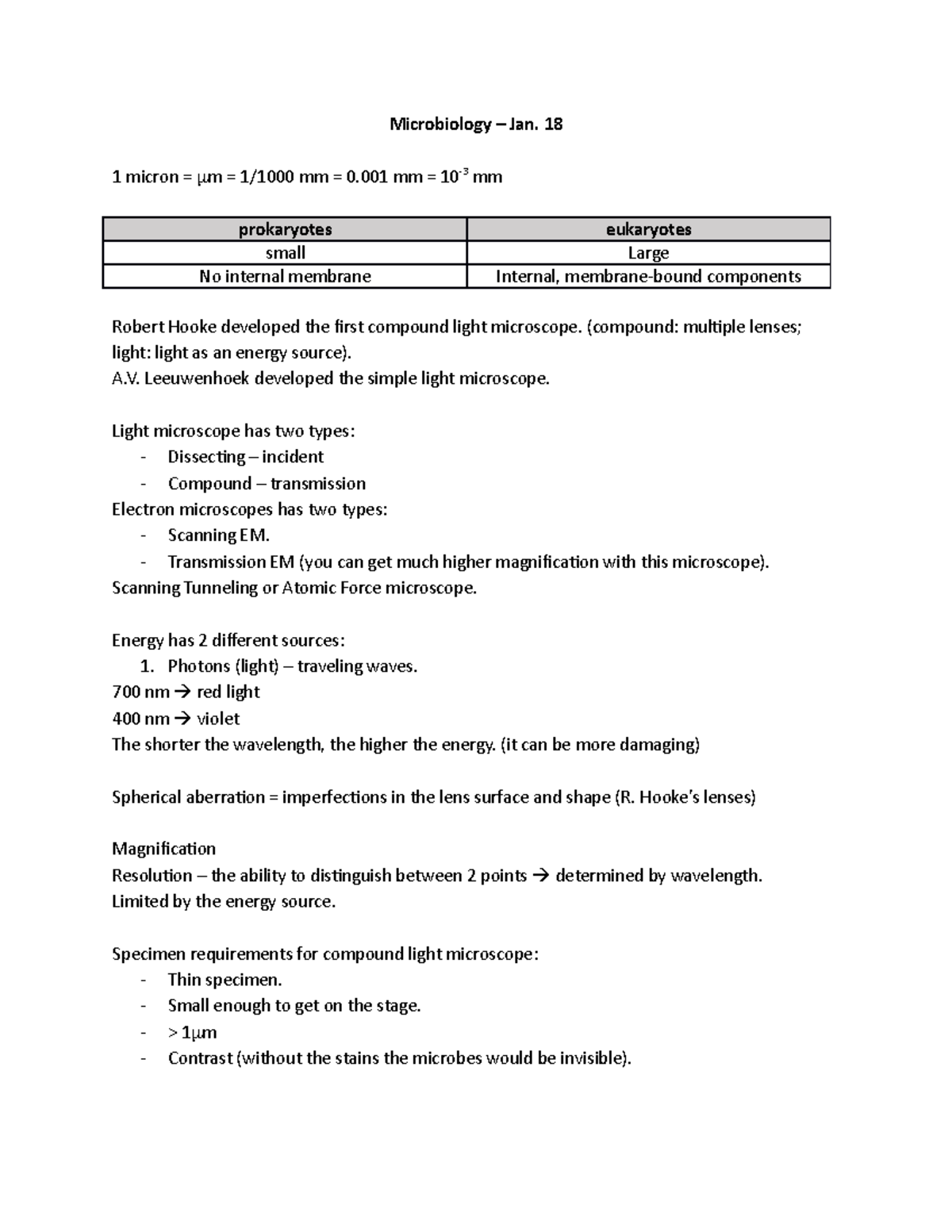 Microbiology - Jan. 18 - Microbiology – Jan. 18 1 micron = m = 1/1000 ...