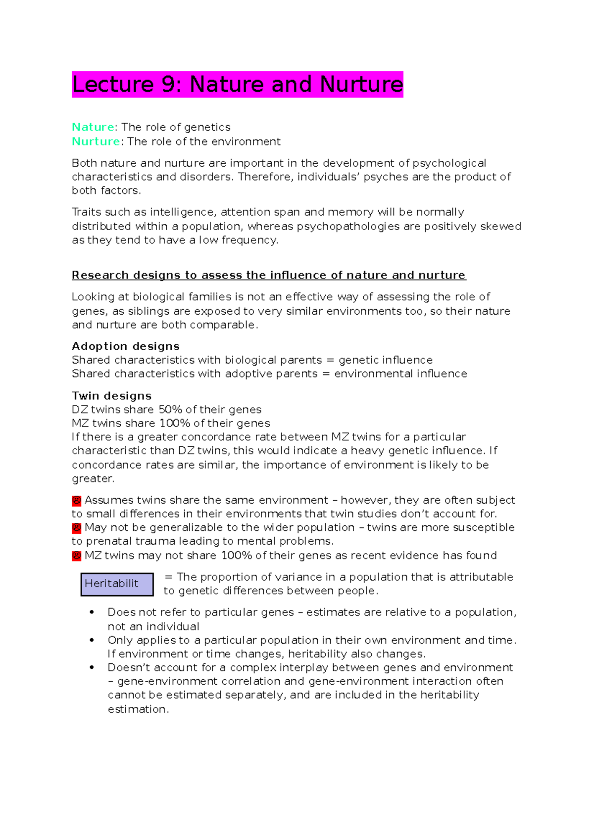 Lecture 9- Nature and Nurture - Lecture 9: Nature and Nurture Nature ...