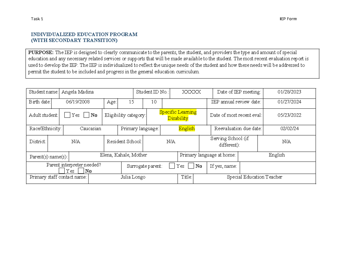 IEP Form 3 - Task #2 - INDIVIDUALIZED EDUCATION PROGRAM (WITH SECONDARY ...