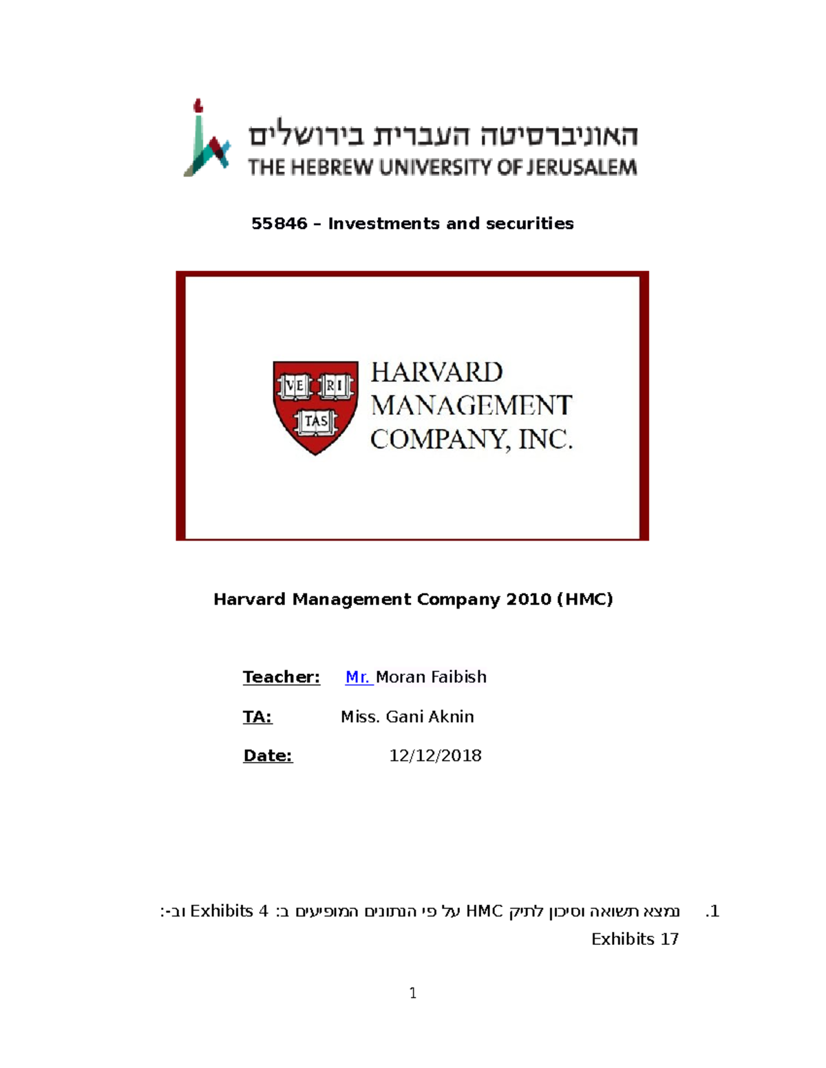 Case study HMC 2018 - 55846 – Investments and securities Harvard ...