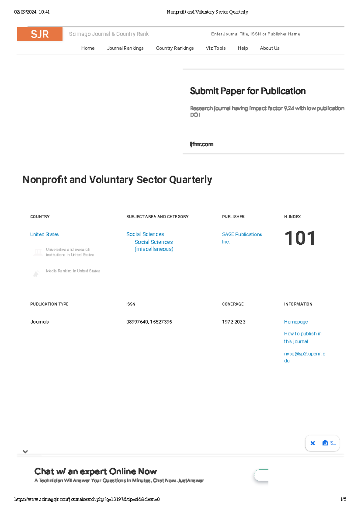 SCOP Q1 WOS Nonprofit and Voluntary Sector Quarterly - Scimago Journal & Country Rank Home - Studocu