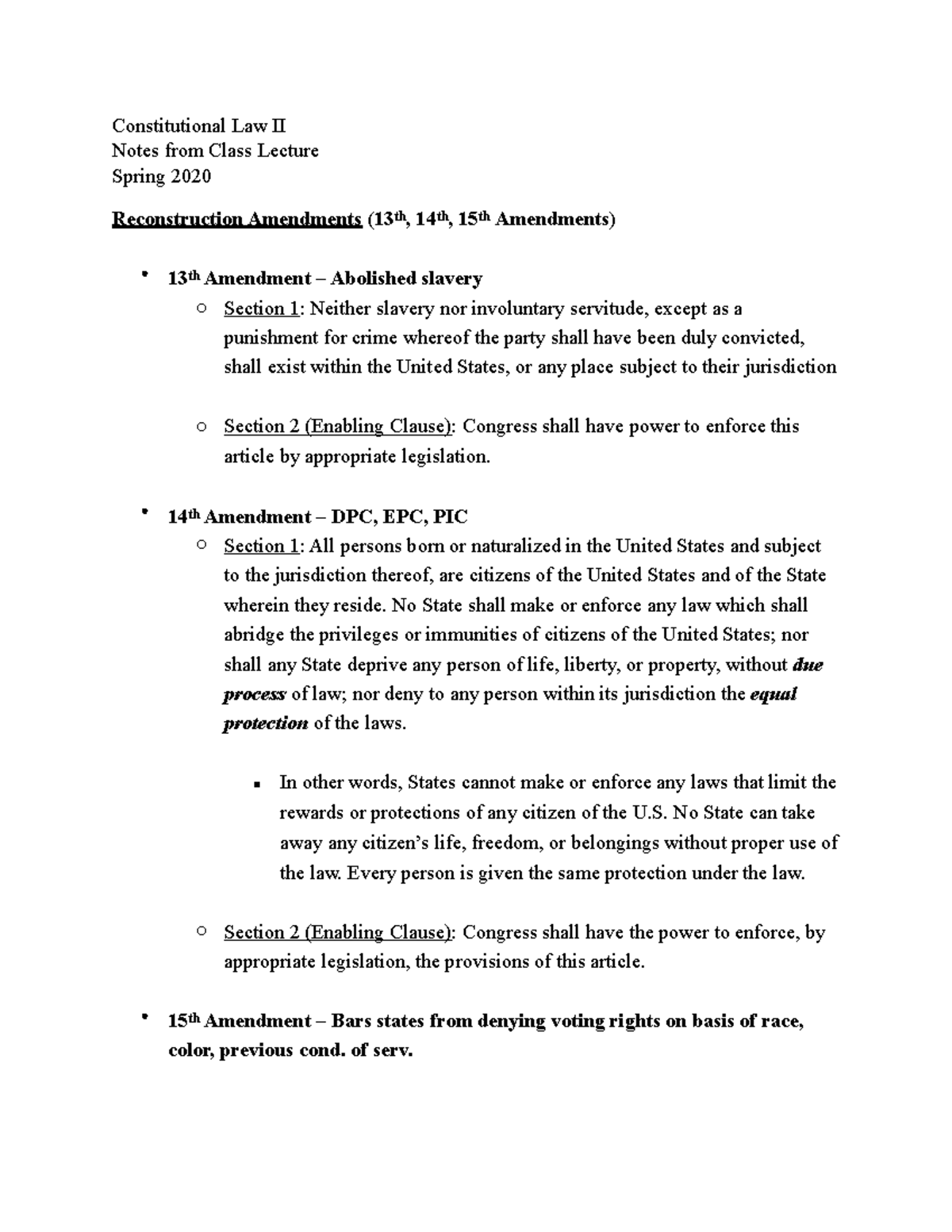 Reconstruction Amendments (13th, 14th, 15th Amendments) - 14 th ...