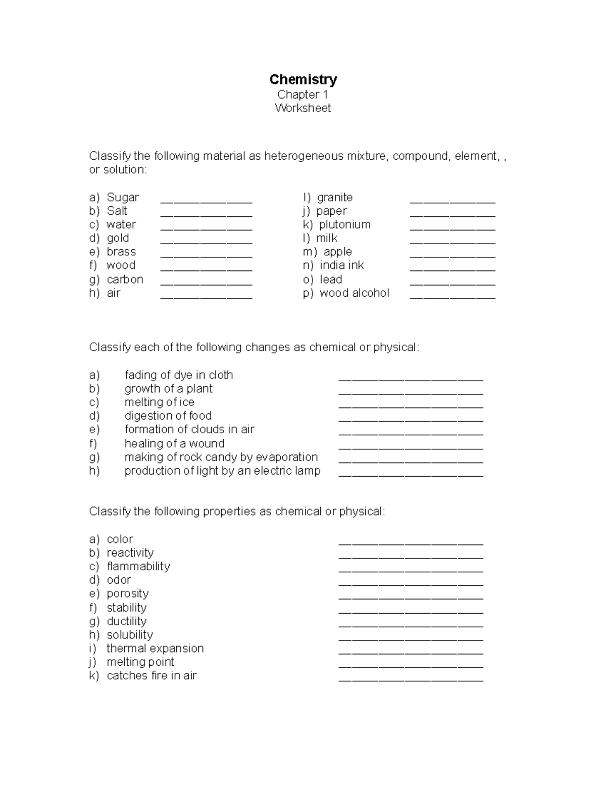 Session 1 SI Worksheet - Chemistry Chapter 1 Worksheet Classify the ...