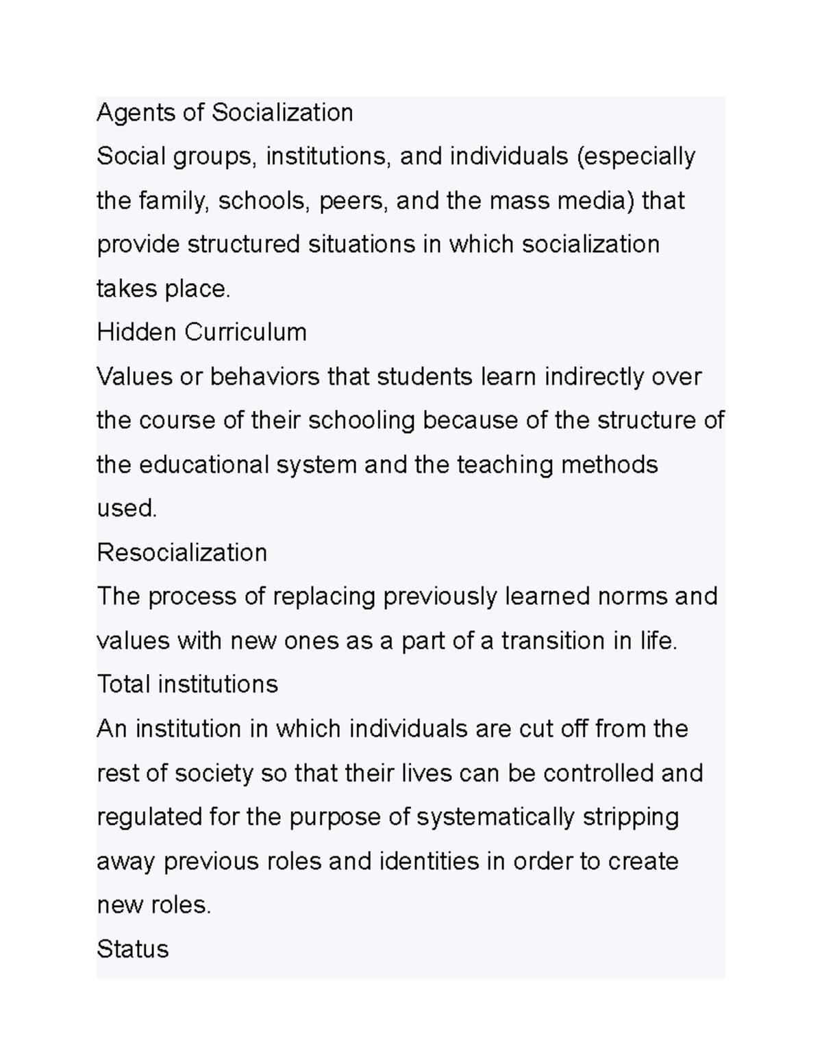 Intro to soc 6 - Lecture notes 3-5 - Agents of Socialization Social ...