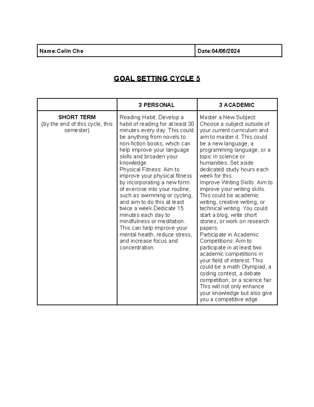 Goal Setting Plans - sfsfsefessefefewfewfefwefefef - Name:Colin Cho ...