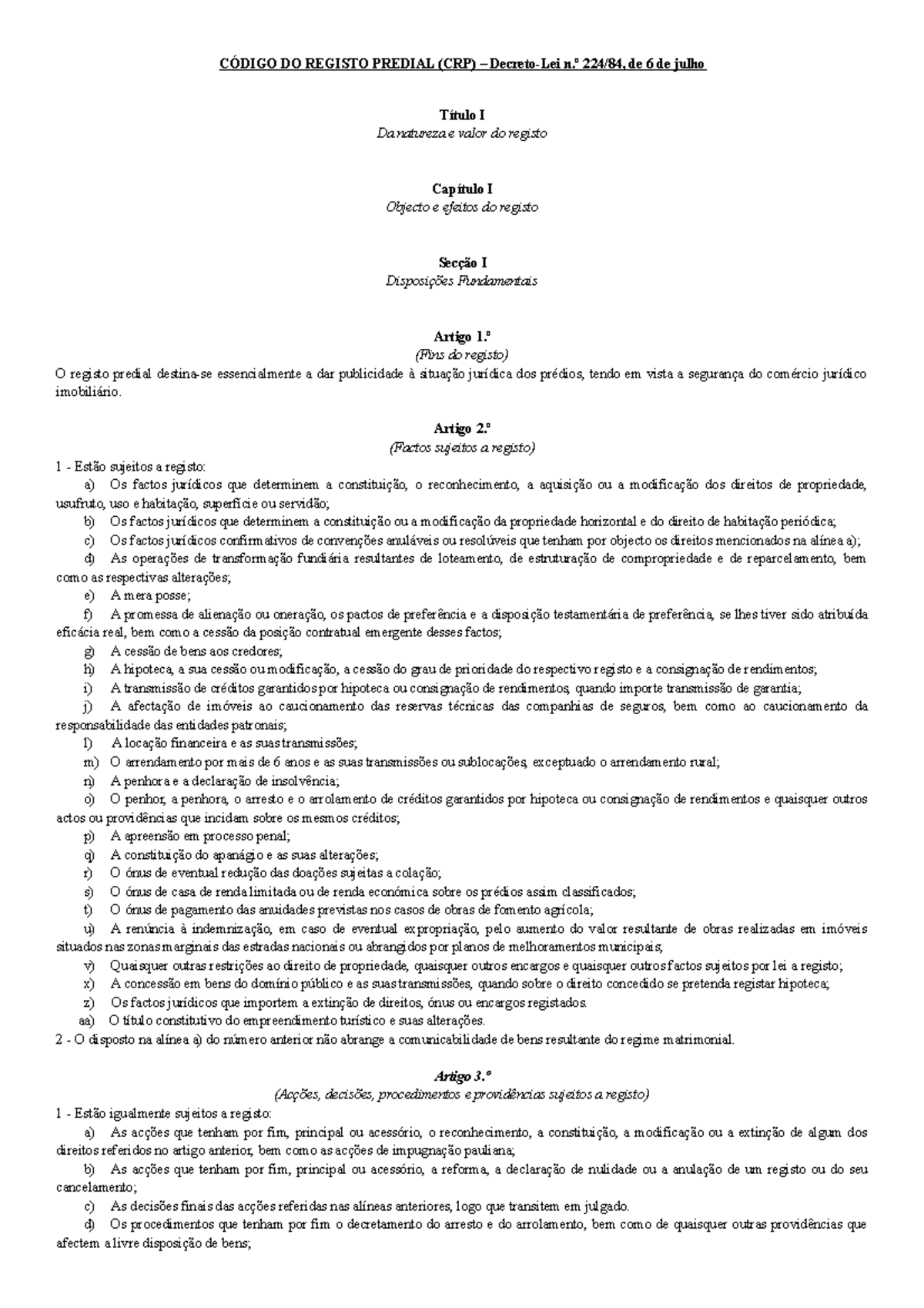 Código do Registo Predial - Ap e curto - CÓDIGO DO REGISTO PREDIAL (CRP) – Decreto-Lei n.º 224/ ...