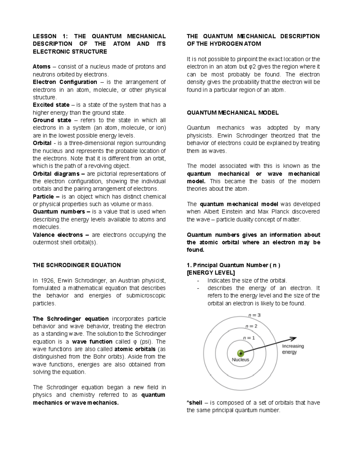 Chemistry- Reviewer-2502 - LESSON 1: THE QUANTUM MECHANICAL DESCRIPTION ...