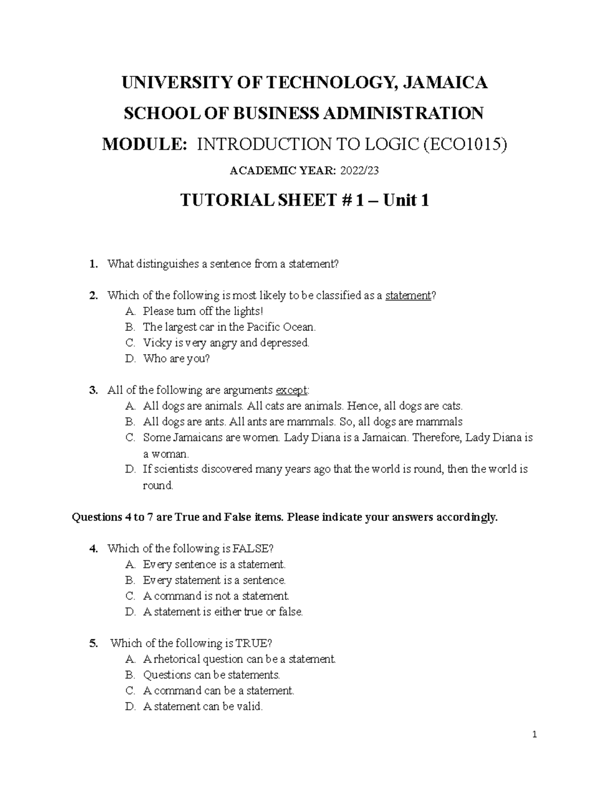 Tutorial Sheet 1 - Unit 1 - UNIVERSITY OF TECHNOLOGY, JAMAICA SCHOOL OF ...
