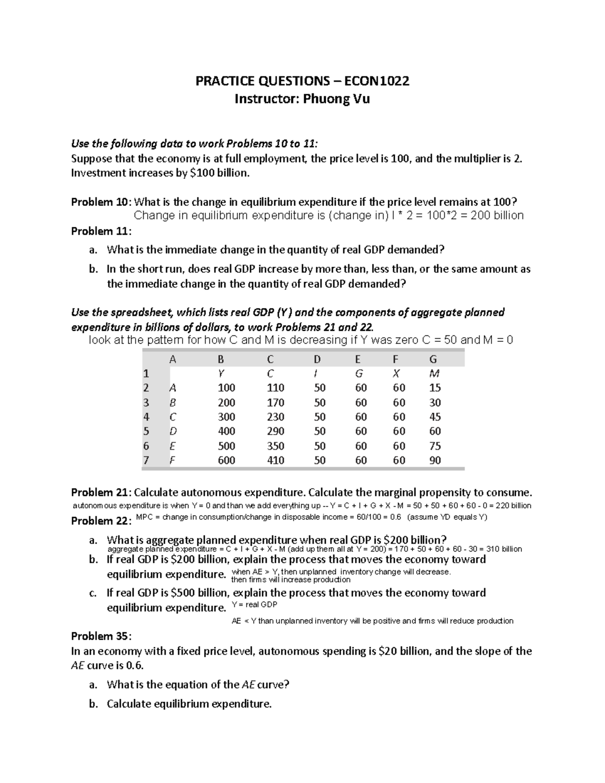 Chapter 11/12/13 Tutorial - PRACTICE QUESTIONS – ECON Instructor: Phuong Vu Use the following ...