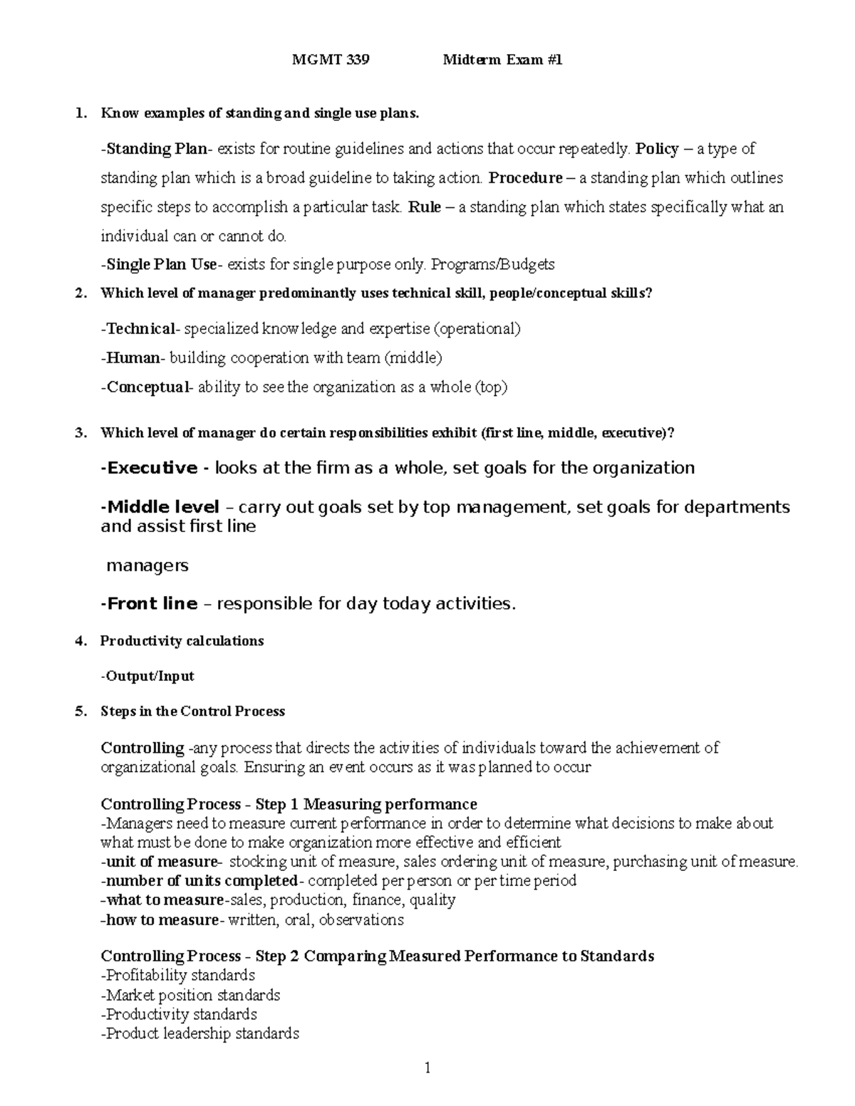 MGMT 339 Midterm 1 SG - Summary - MGMT 339 Midterm Exam 1. Know ...