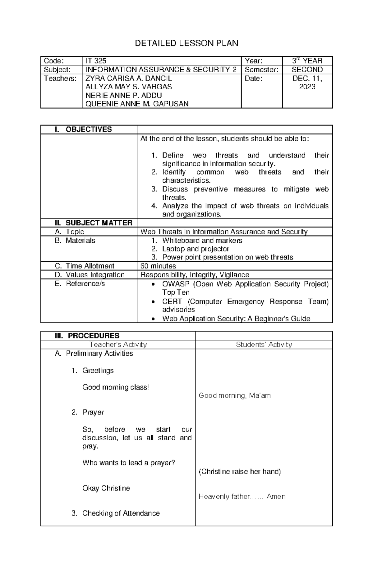 Lesson PLAN Dancil Vargas ADDU Gapusan - DETAILED LESSON PLAN Code: IT ...
