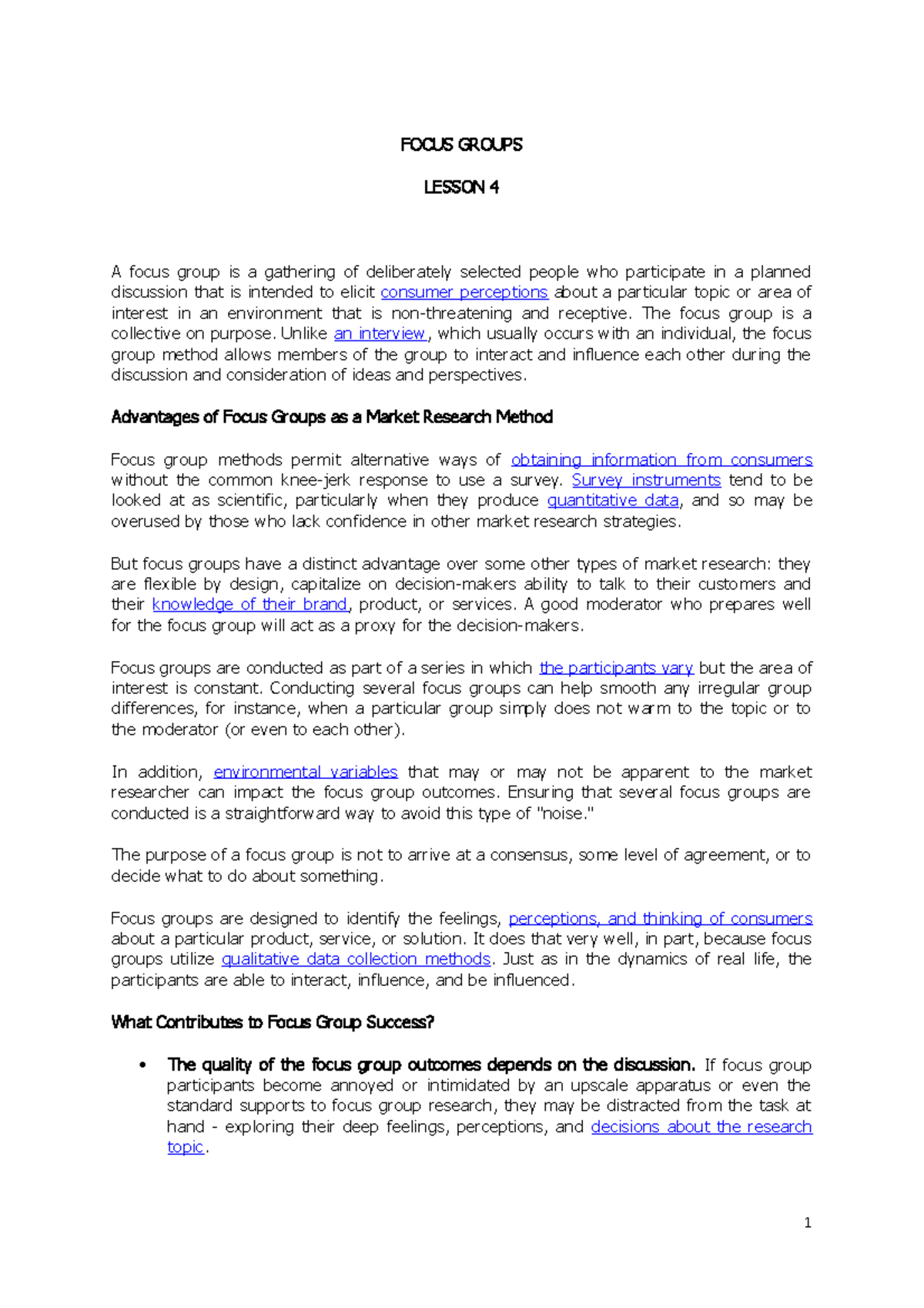 Focus Groups - FOCUS GROUPS LESSON 4 A focus group is a gathering of ...