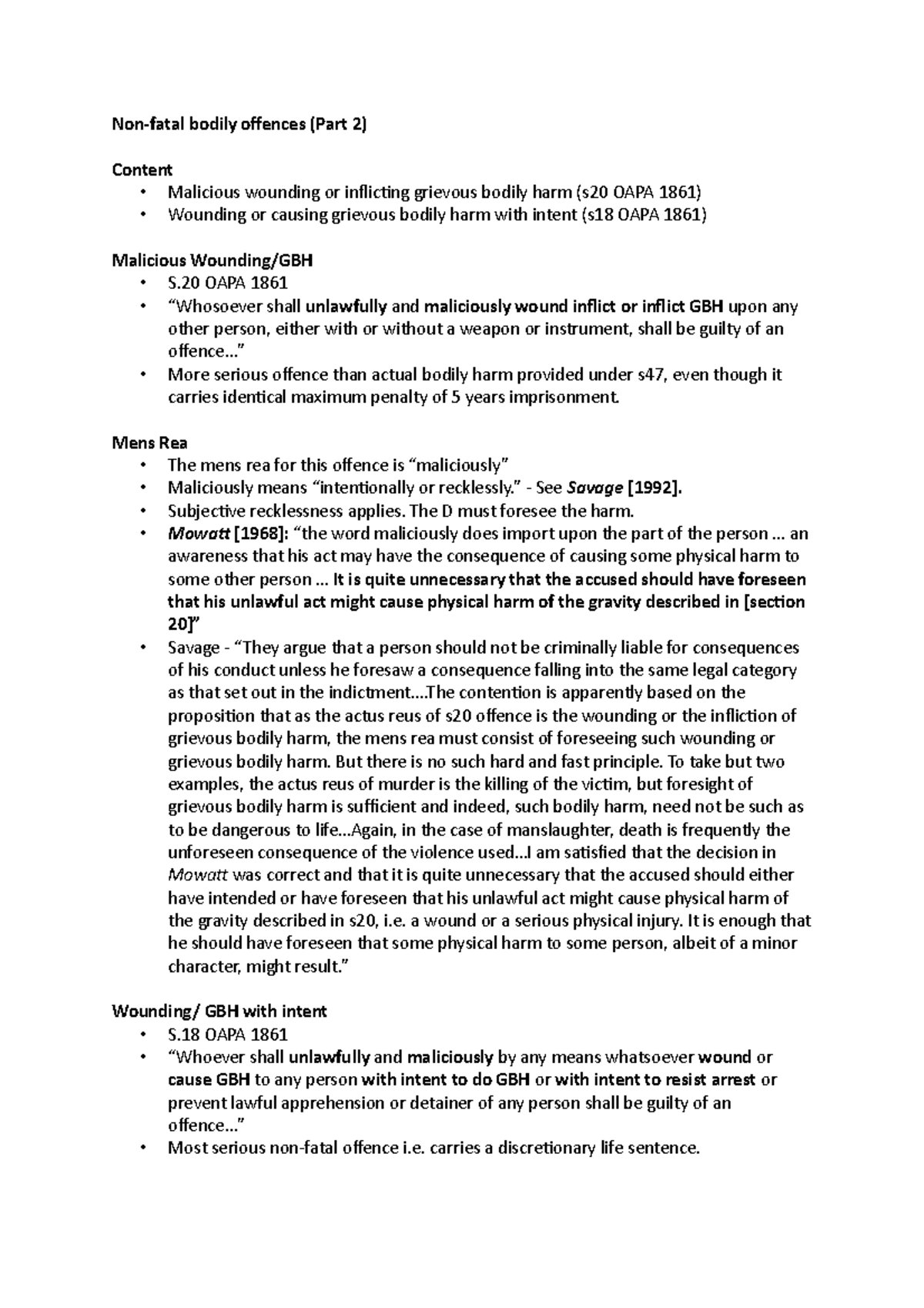 Non fatal offences 4 - Non-fatal bodily offences (Part 2) Content ...
