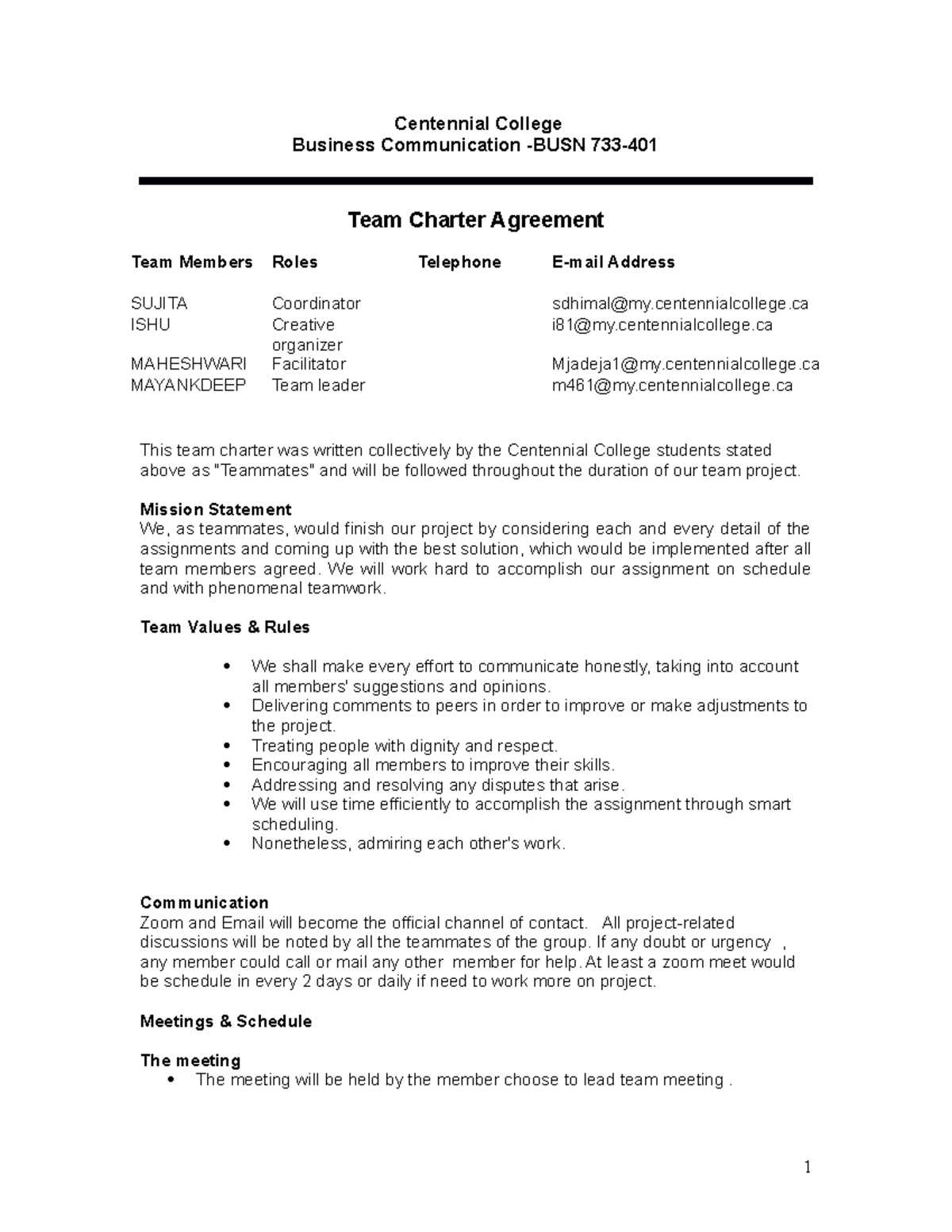 Team Charter Sample - business comm - Centennial College Business ...