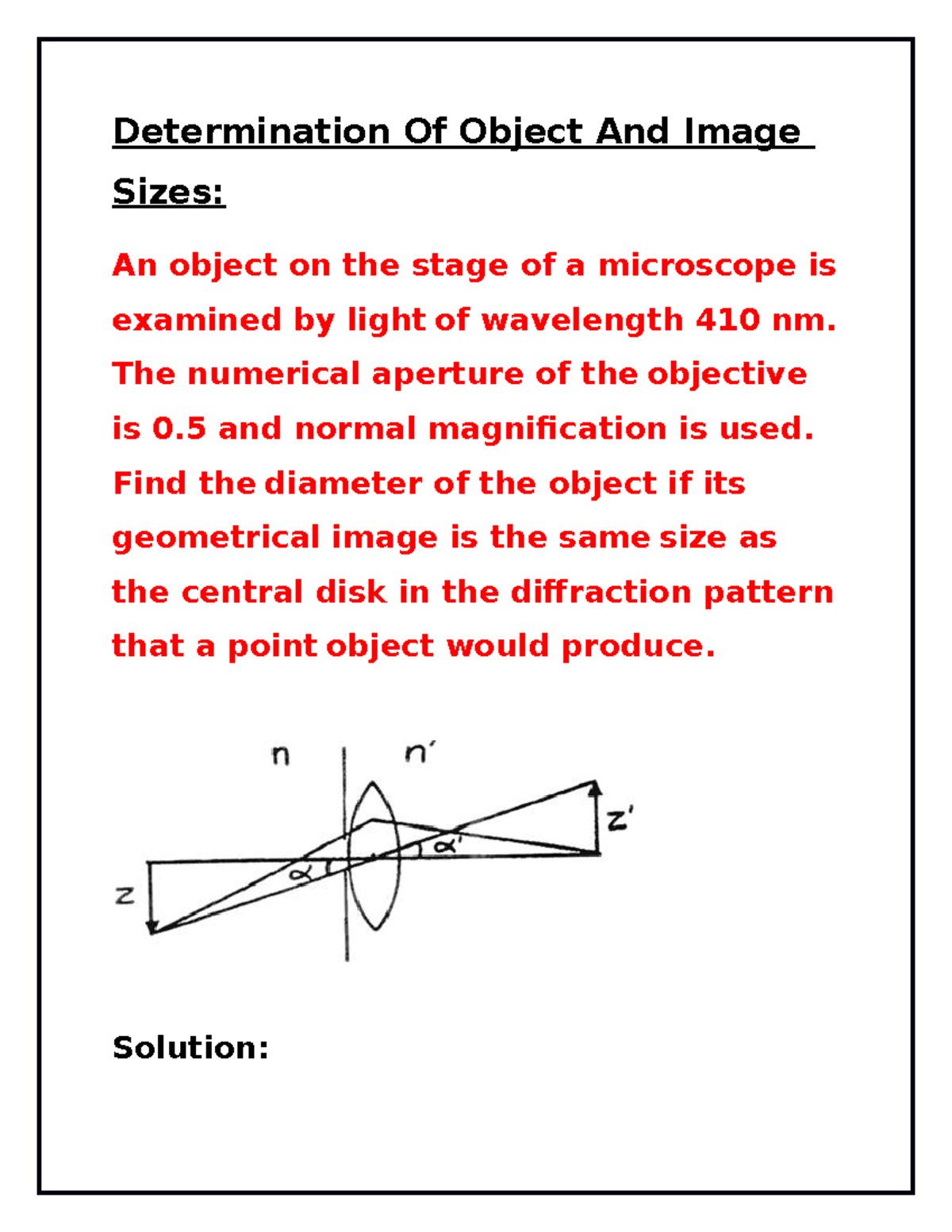 Determination Of Object And Image Sizes Determination Of Object And