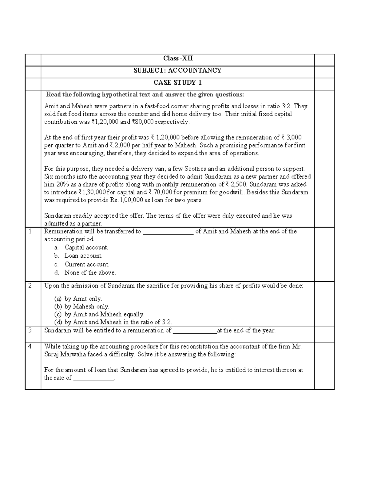 Accountancy XII - Imp - Class -XII SUBJECT: ACCOUNTANCY CASE STUDY 1 ...