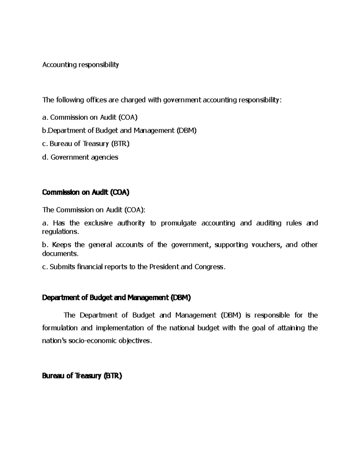 Accounting responsibility - Commission on Audit (COA) b of Budget and ...