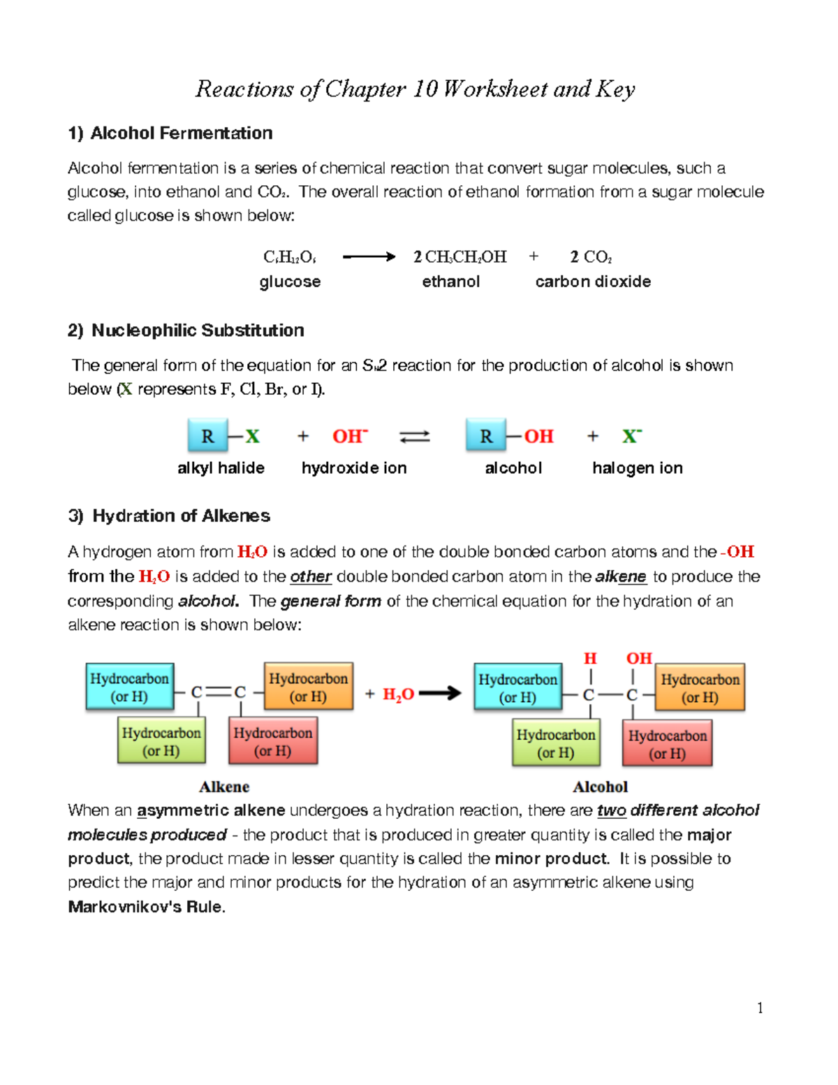 Organic B reactions worksheet and key - Reactions of Chapter 10 ...