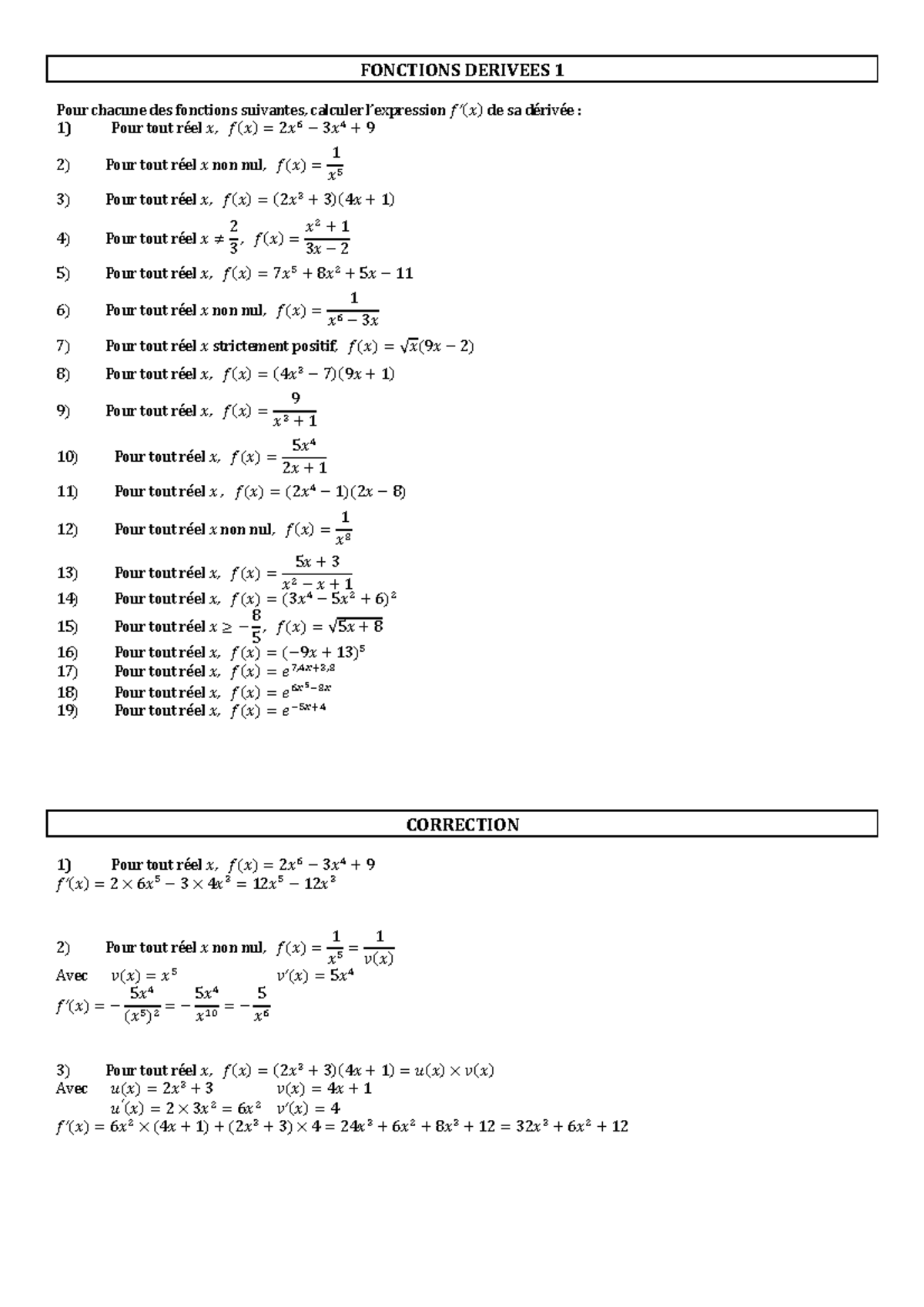 Fonctions Dérivées 1 - exercice - FONCTIONS DERIVEES 1 Pour chacune des ...